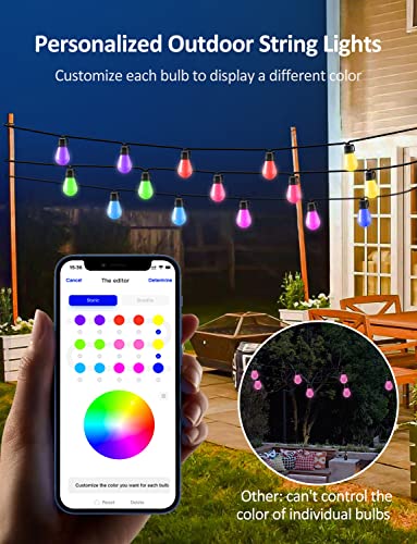 ZUUKOO LIGHT Smart Outdoor String Lights, 48FT RGB Patio Lights with 15 Dimmable LED Bulbs, APP Control, IP67 Waterproof, Timer, Warm White Lights and Music Sync for Balcony, Backyard, Party