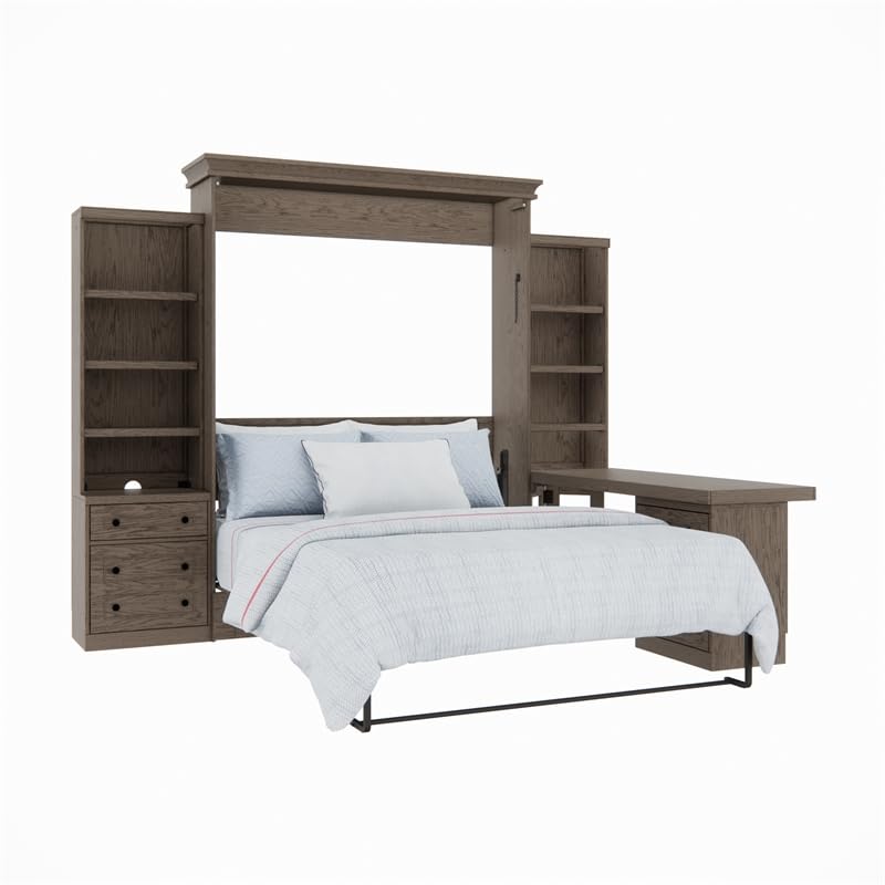 RoomAndLoft Windsor Queen Solid Wood Murphy Wall Bed and Two Shelf Storage Units with Single Side Desk and Drawers in Gray