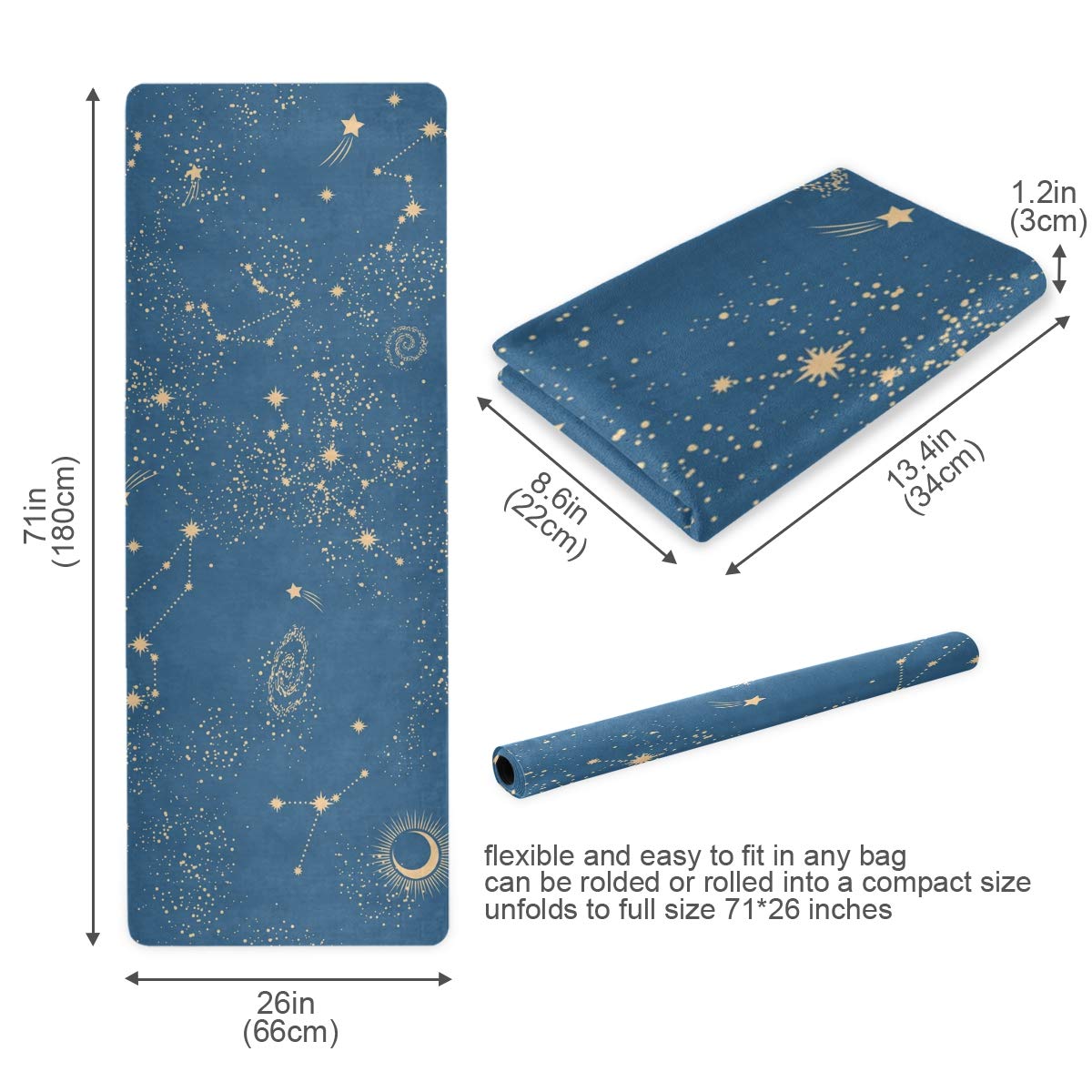 VIKKO Space Galaxy Constellation Moon Star Blue Yoga Mat Ultra Thin Folding Mat for Exercise Fitness Pilates Stretching Meditation