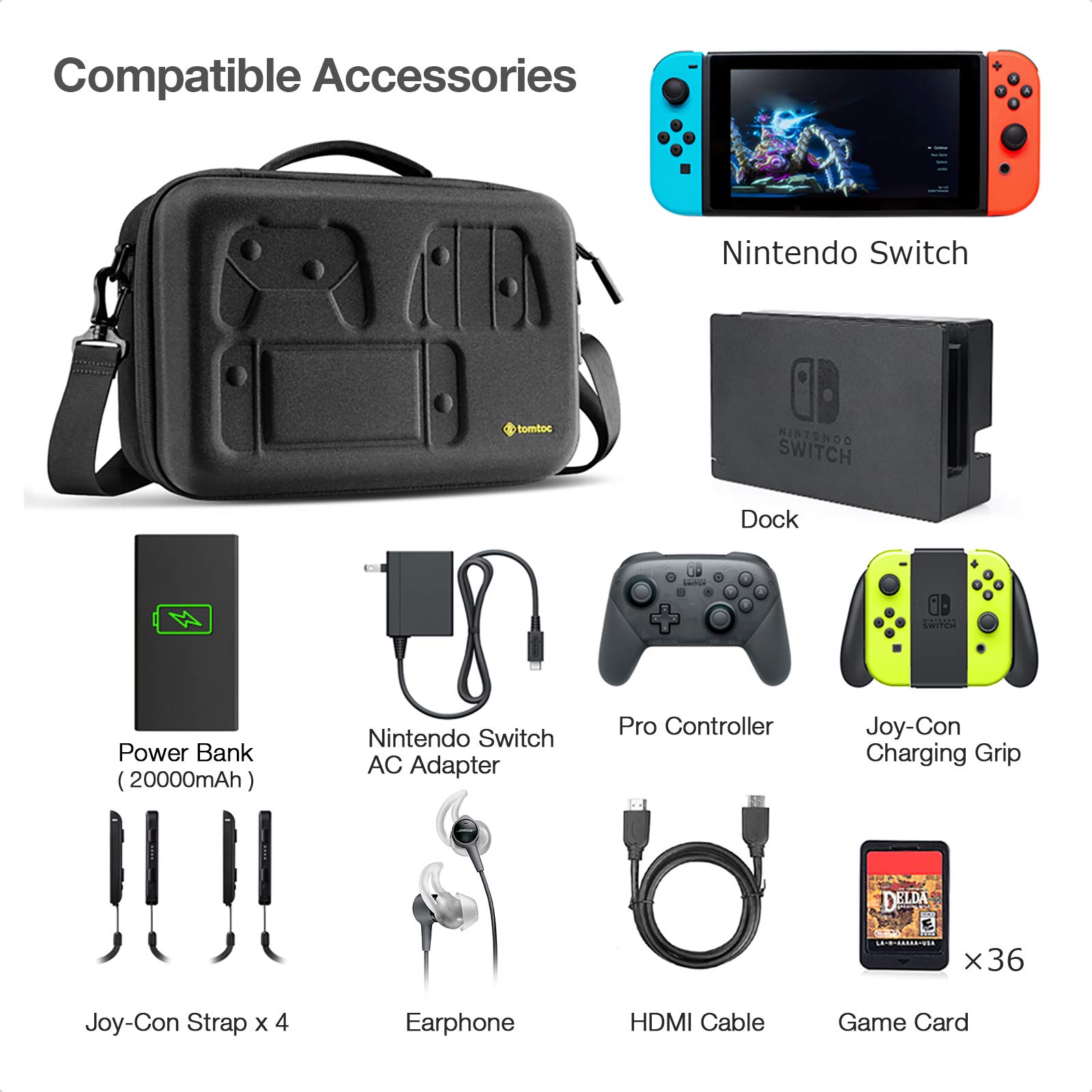 tomtoc Storage Case for Nintendo Switch OLED Model, Carrying Case Fit Pro Controller and 36 Games, Hard Shell Protective Case Fit Complete Set of Accessories for Travel and Party, Black