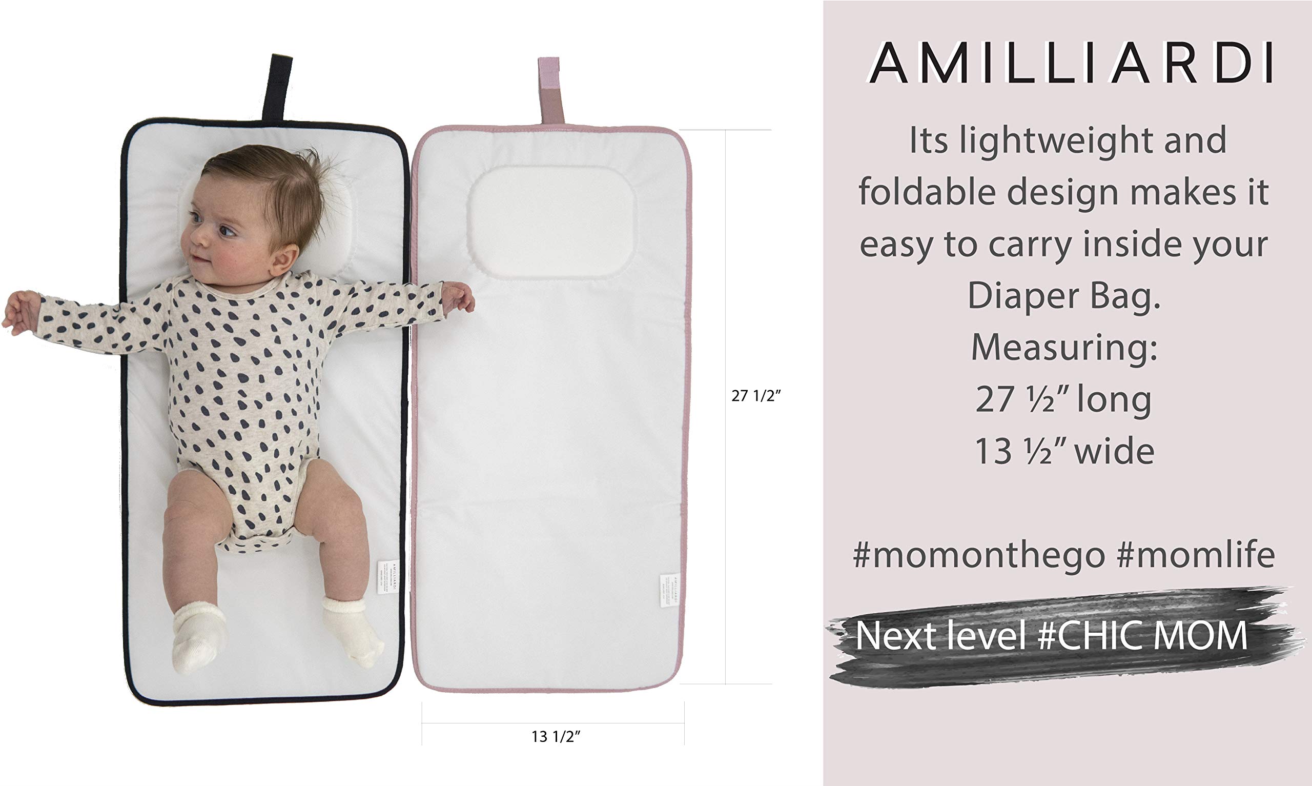 Portable Diaper Changing Pad Stylish & Chic by AMILLIARDI for Travel w/Baby, Infant & Newborn, Changing Mat Portable (Black)