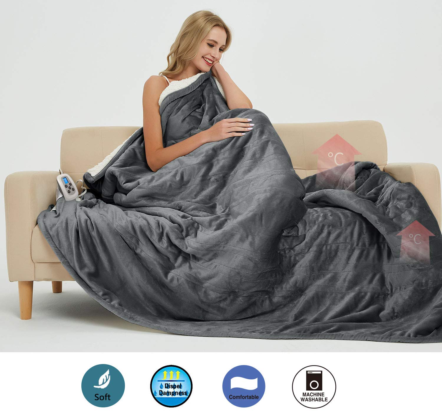 Twin Electric Blanket Heated Sherpa and Reversible Flannel Washable Throw,Fast-Heating Full Body Warming Soft with 10 Heat Settings/Safety 10 Hours Auto-Off Controller (62x84''Linen