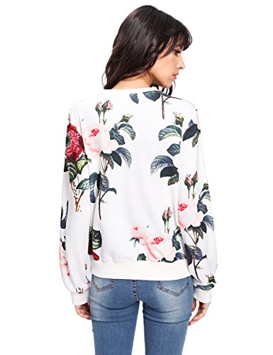 ROMWE Women's Casual Floral Print Long Sleeve Pullover Tops White L