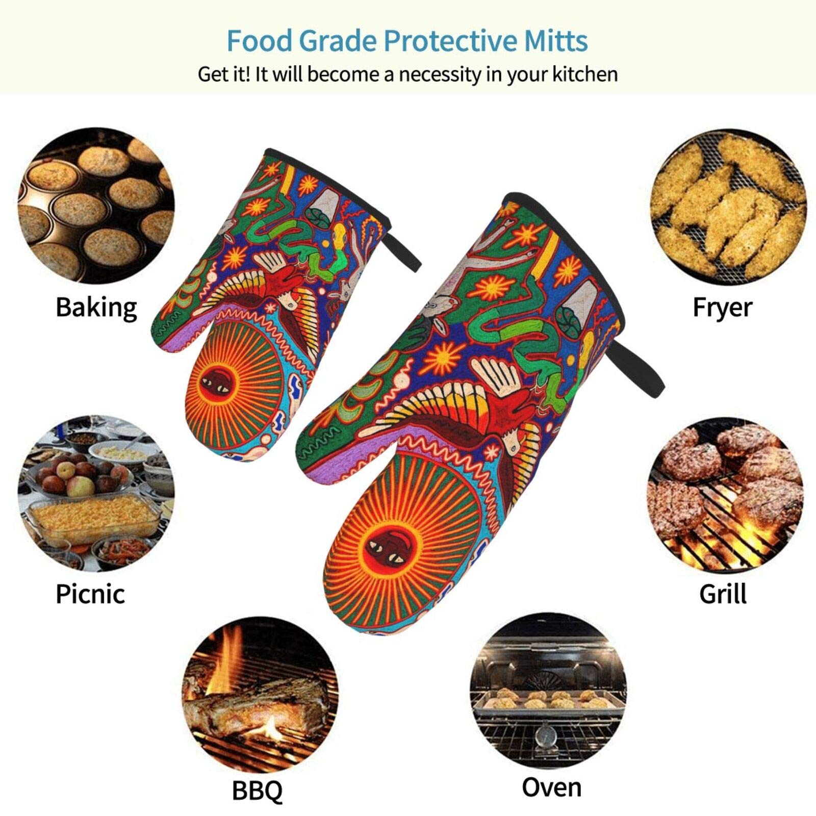 Wolla-ST Colorful Hispanic Oaxaca Mexican Mayan Tribal Boho Bohemian Oven Mitts 1 Pair Kitchen Heat Resistant Nonslip Silicone Oven Gloves Potholders Set for Cooking Baking BBQ, One Size, Black