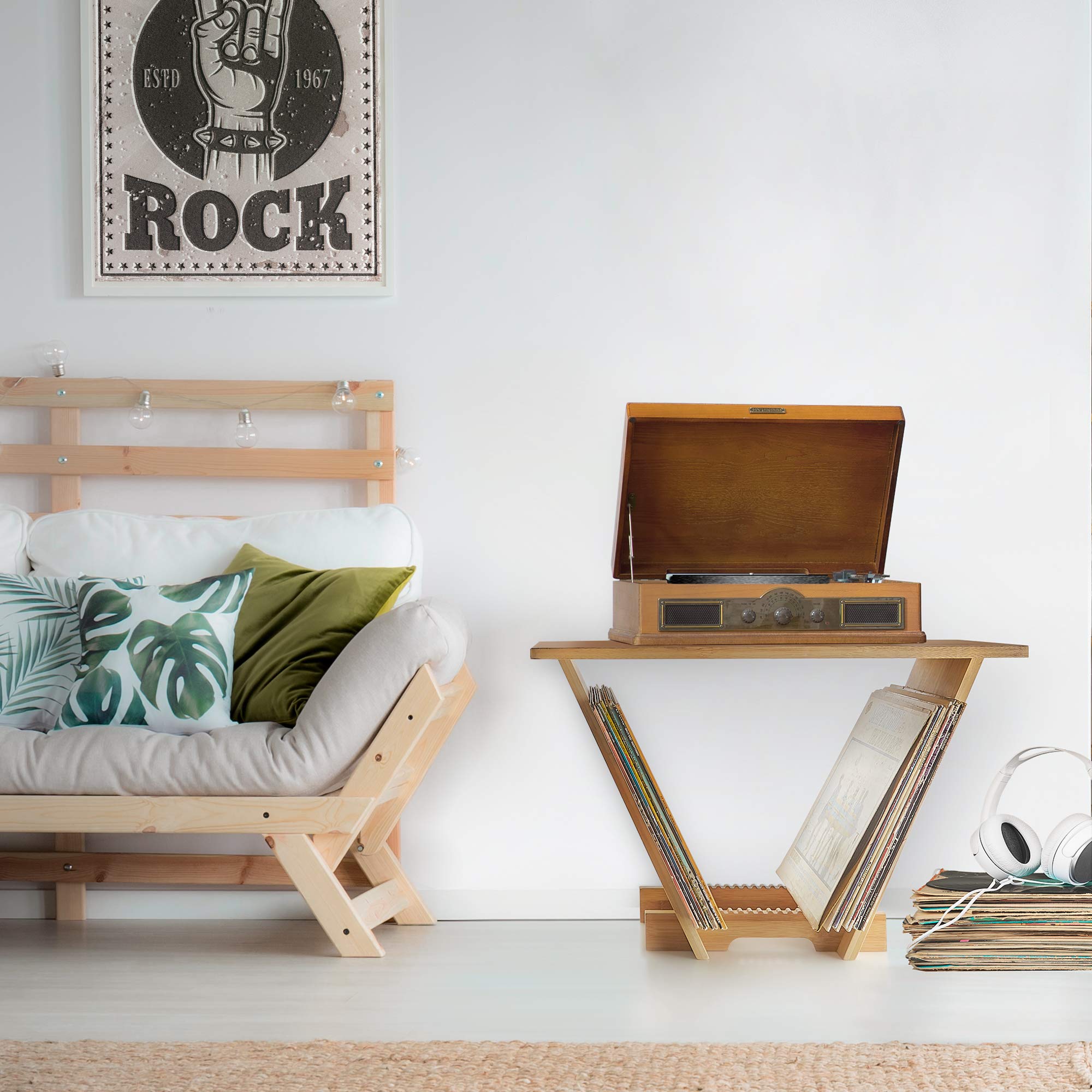 TunePhonik Bamboo LP Record Holder w/Turntable Display Shelf to Stack and Organize 45s/7”and 33s/12” Vinyl Albums