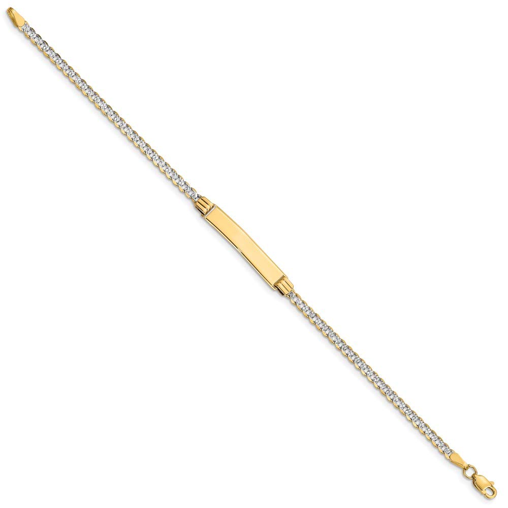 Solid 14k White and Yellow Gold Two Toned Pave Curb Cuban ID Bracelet Engravable Identification Name Bar Tag - with Secure Lobster Lock Clasp 8" (Width = 5mm)