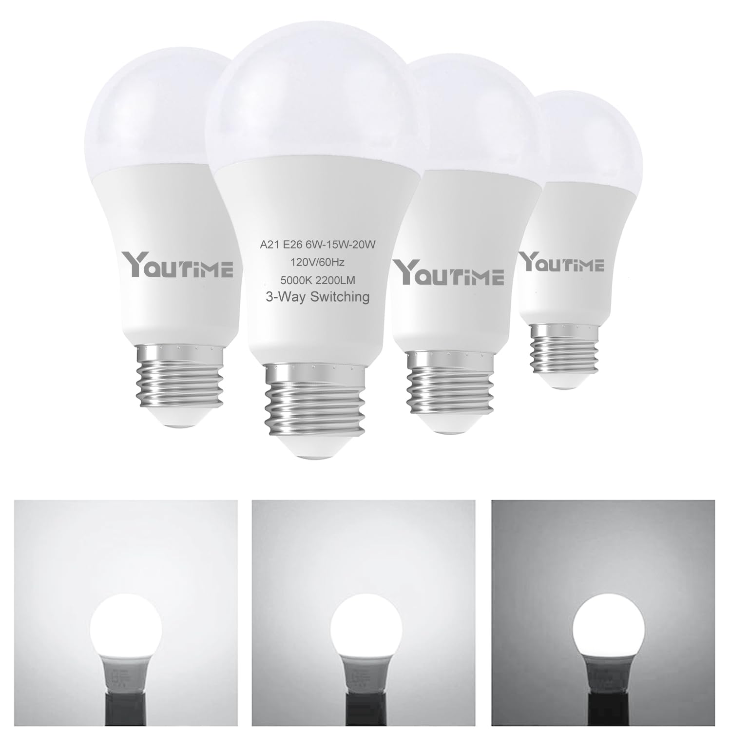 Youtime 3 Way Light Bulbs, 3 Way led Light Bulbs 50 100 150 Watt Equivalent Standard A21 6/15/20W,Perfect for Work Lighting Daylight 5000K, 500 1600 2200 Lumens E26 Base, 4Pack?,New"