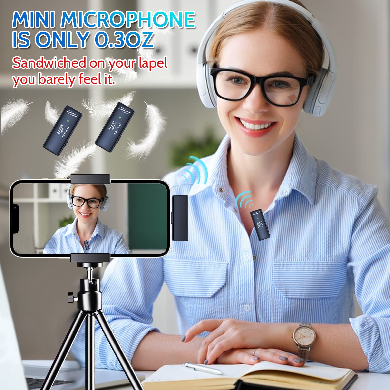 zamazi Wireless lavalier Microphone for Android iPhone iPad Computer with Digital Display Charging case 2 Pack Wireless Lapel Mic for YouTube Zoom Live Stream Video Recording