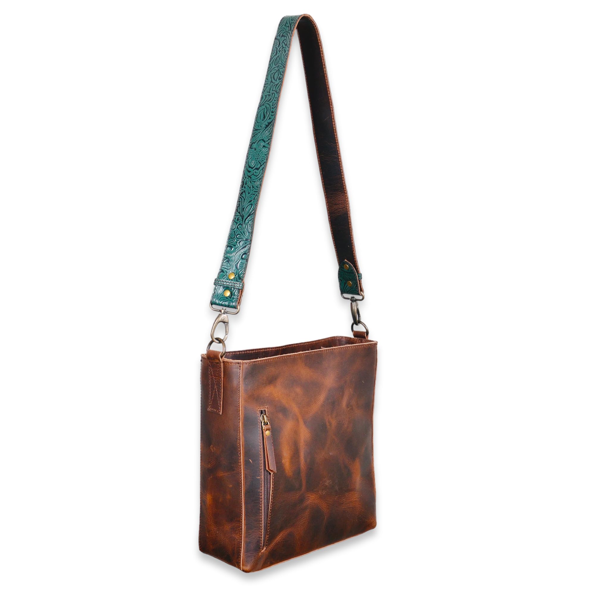 Ranch Junkie Handcrafted Rancho Leather Tooled Belt Strap Purse With Interchangeable Leather Strap (Tooled Turquoise And Vintage Brown)