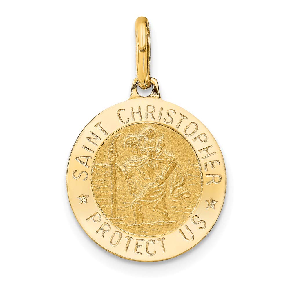 Solid 14k Yellow Gold Round Catholic Patron Saint Christopher Brushed Matte Finish Pendant Charm - 23mm x 15mm