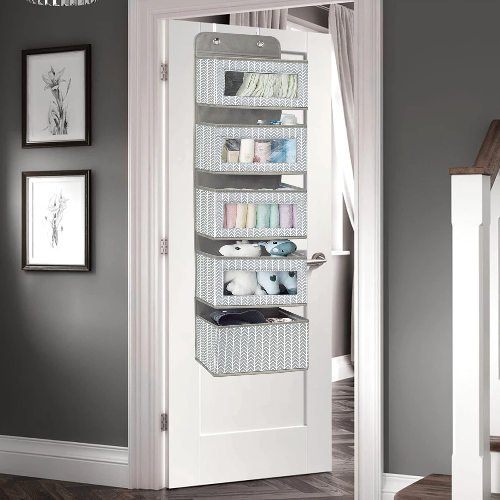 VERONLY Over the Door Hanging Organizer with 5 Large Pockets 1 Pack+ Adjustable Cosmetic Drawer Organizer for Bathroom Storage Set of 3