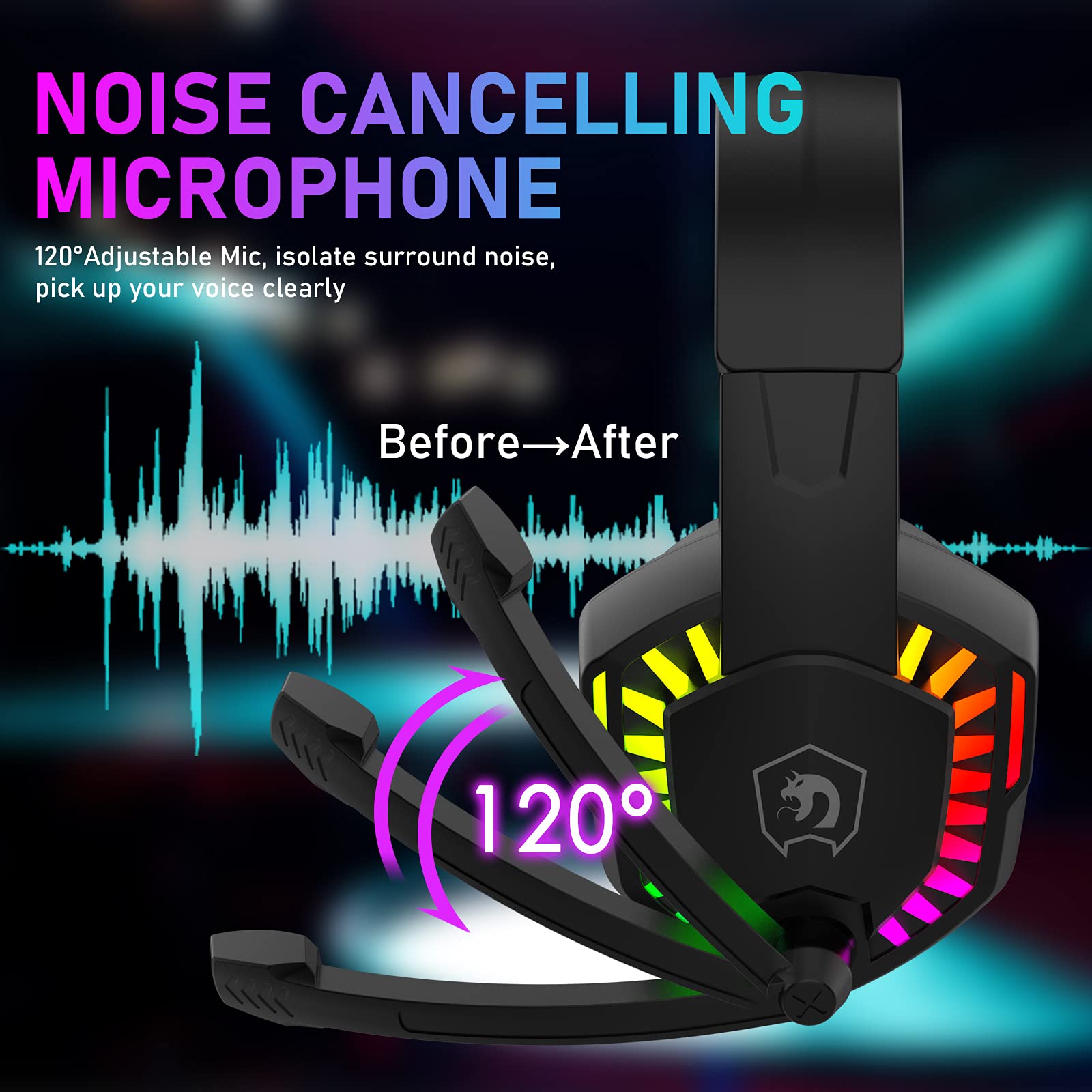 Wired Gaming Headset with Rainbow RGB Backlight Retractable Noise Isolating Microphone Stereo Sound Deep Bass Memory Foam Earmuff Over Ear Headphone for PS4 Xbox One Switch PC Mac Gamer Music (Black)