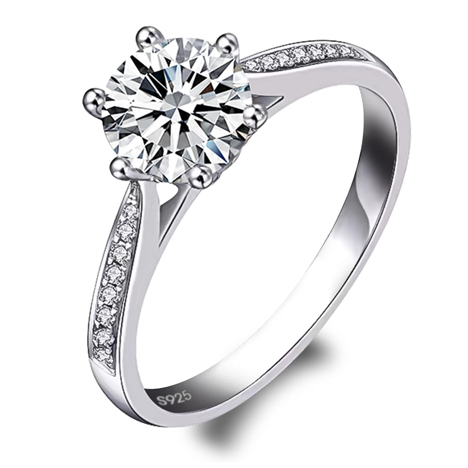 YUPHUNY 1 Carat Round Cubic Zirconia Silver Classic Engagement Ring Ladies Proposal CZ Wedding Ring Size 6-9