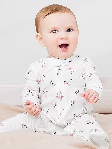 Simple Joys by Carter's Baby Girls' 2-Way Zip Thermal Footed Sleep and Play, Pack of 2, Pink Elephant/White Floral, 6-9 Months