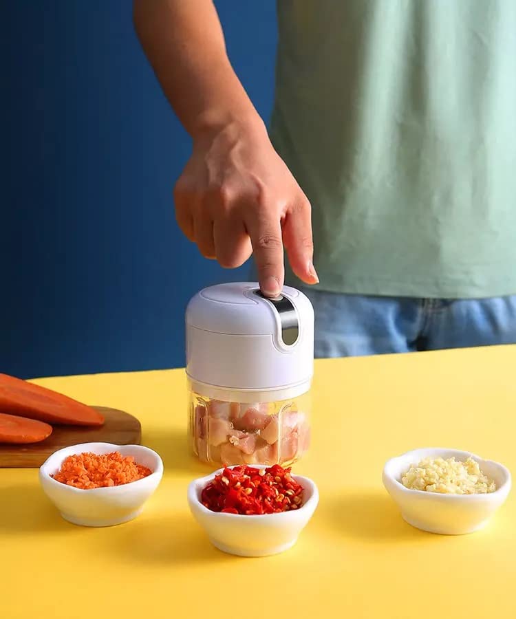 Portable Vegetable Chopper 250ml, Wireless Mini Chopper for Kitchen, Garlic Mincer Food Processor for Chopping and Slicing Onion Ginger Veggies Spice Baby Food, USB Rechargeable