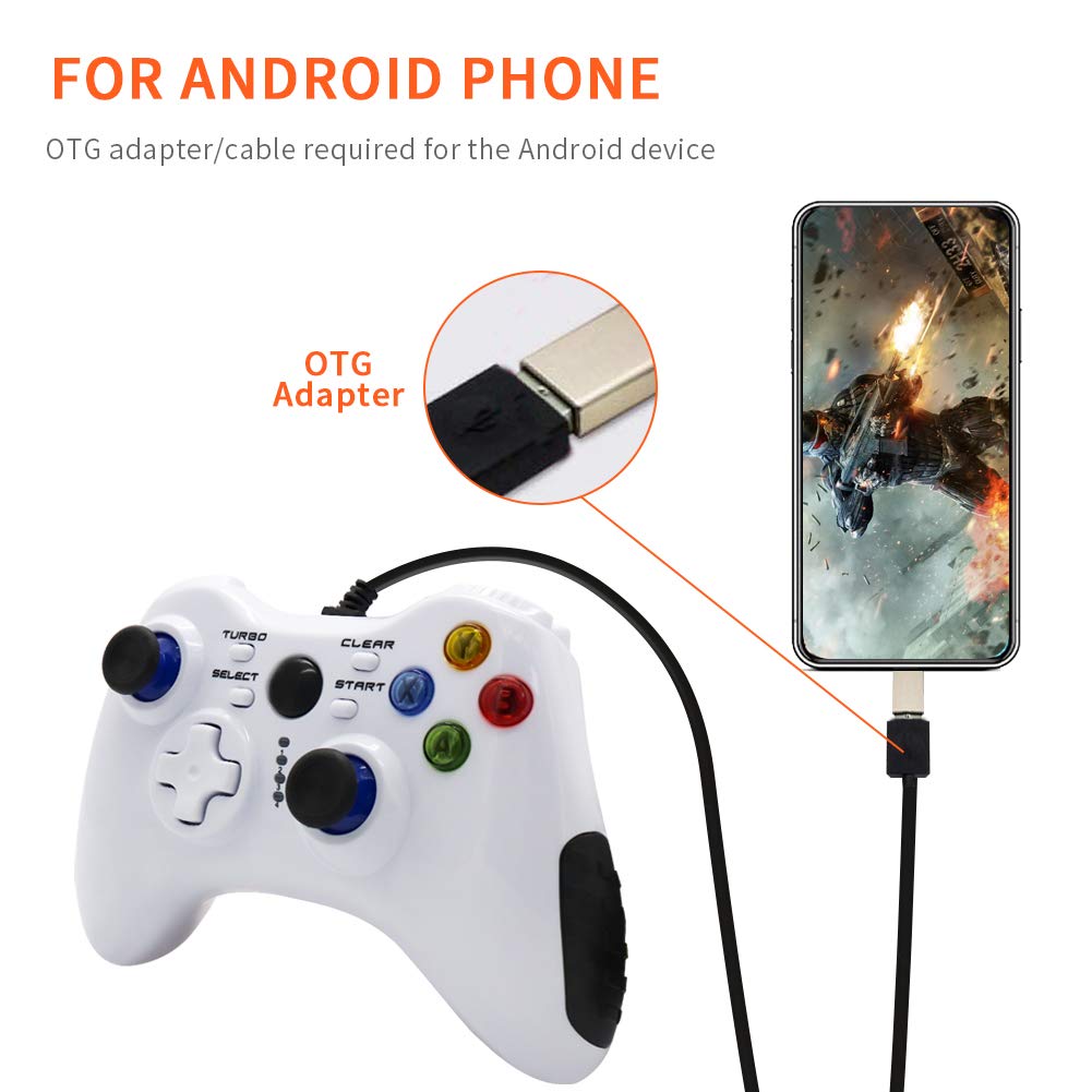 Wired PC Game Controller,Video Game Gamepad,with Dual-Joystick,Vibration Motors,7.2 feet USB Cable,Compatible with PC Windows,PS3,Android TV Box (White)