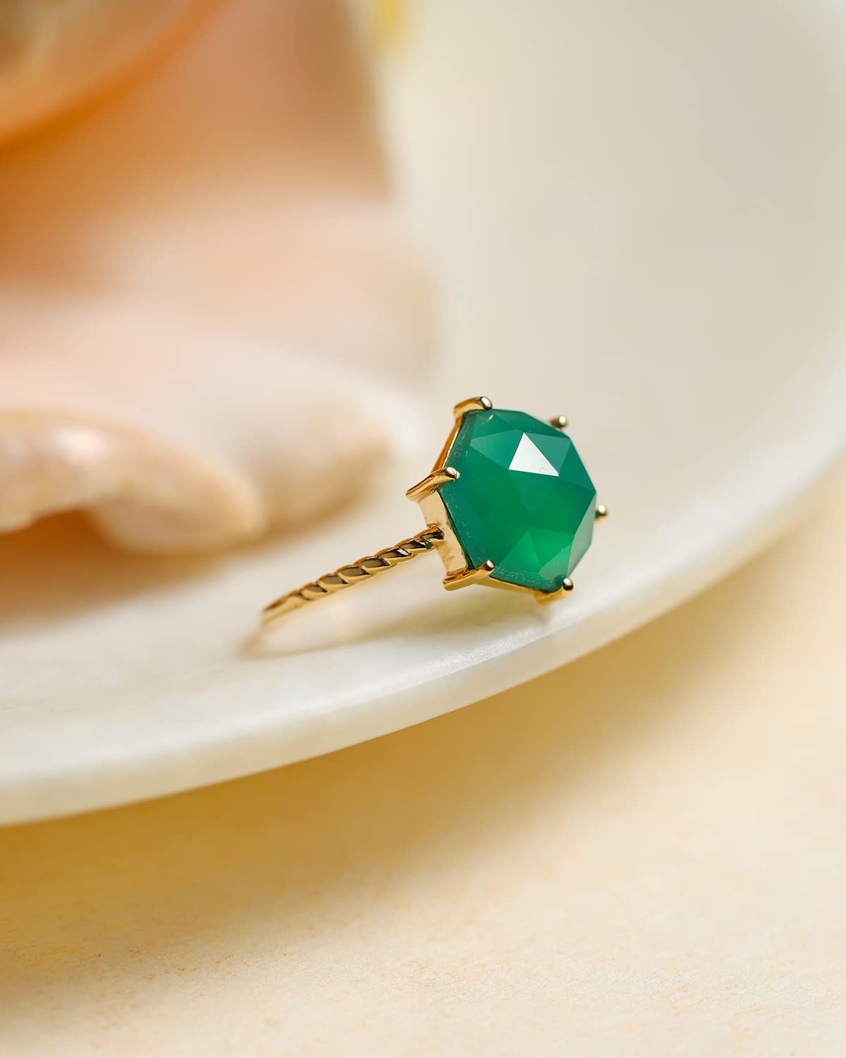 YoTreasure Natural Green Onyx Hexagon Solitaire Ring Gold Plated over 925 Sterling Silver jewelry