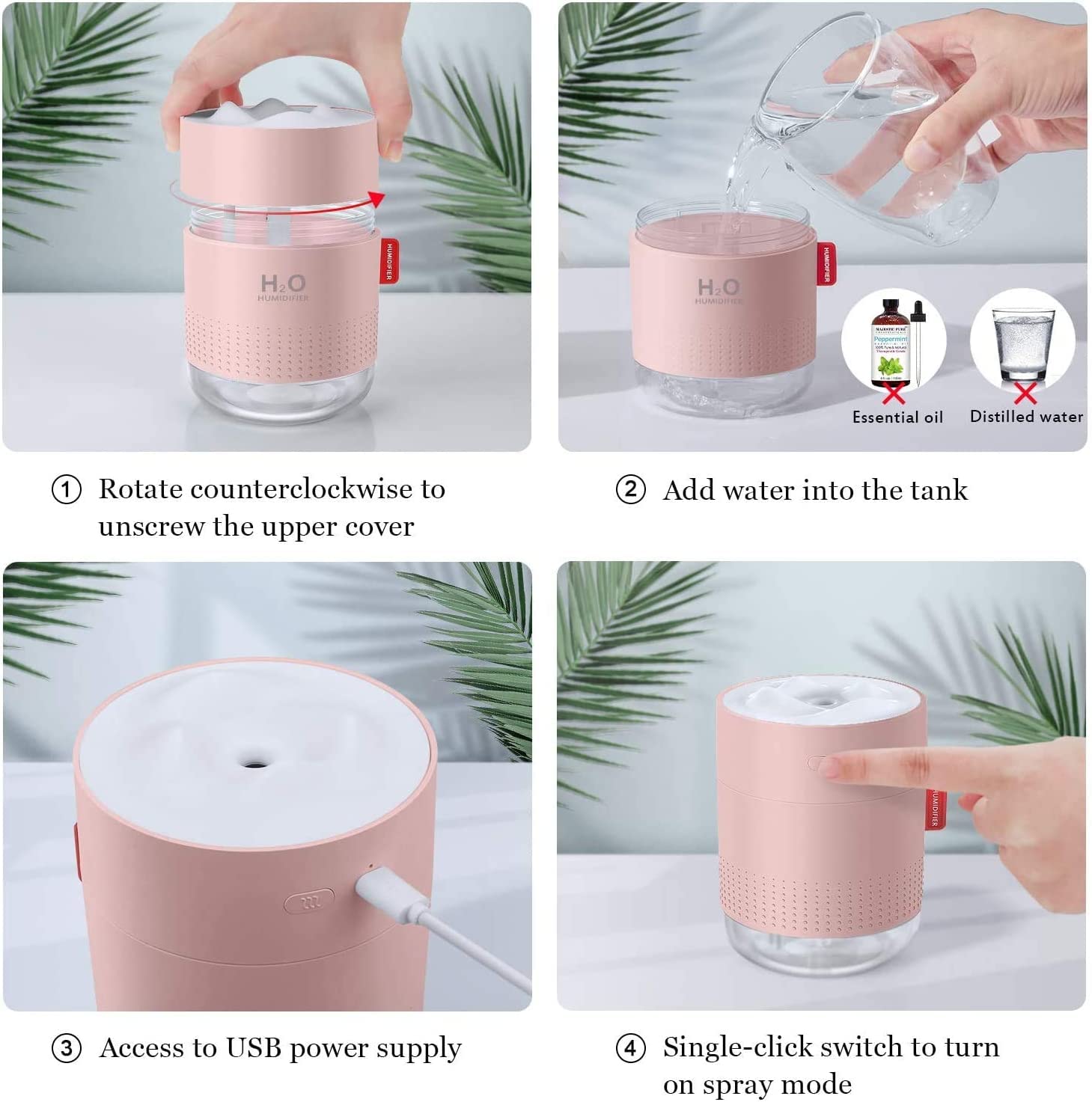 Portable Mini Humidifier, 500ml Small Cool Mist Humidifier with Night Light,USB Personal Desktop Humidifiers for Baby Bedroom Travel Office,2 Spray Modes, Ultra-Quiet , Auto Shut-Off, 3 Filters