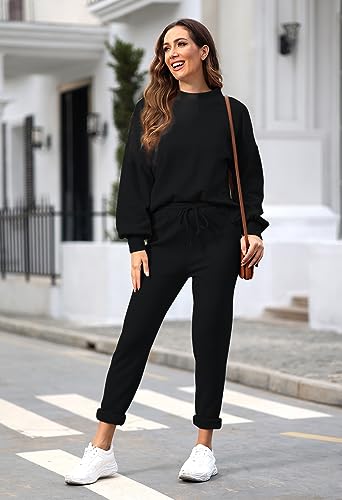Women's 2 Piece Pant Set Sweatsuit Long Lantern Sleeve Sweatshirt Jogger Pant Tracksuit Black M