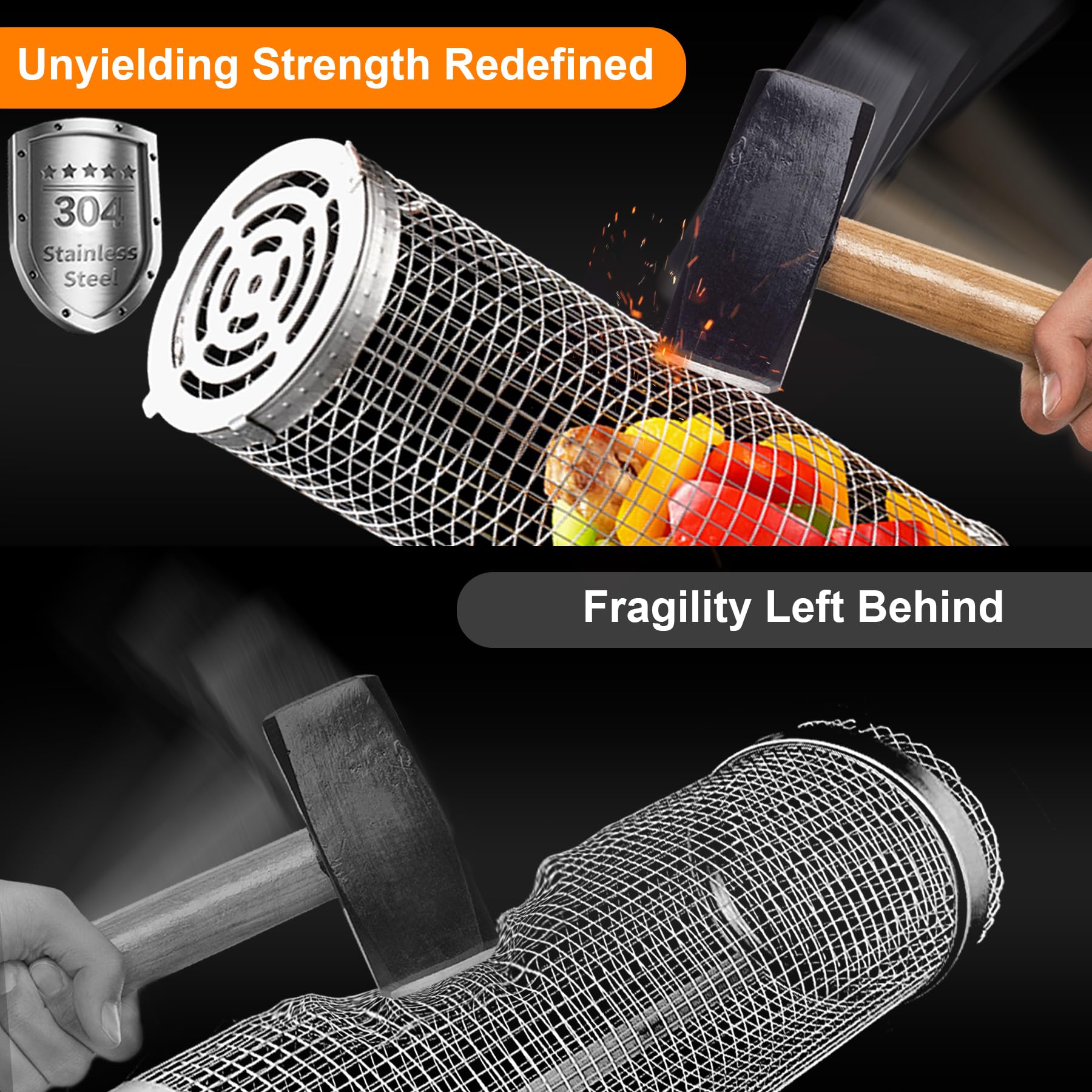 Rolling Grilling Baskets Outdoor Accessories Stainless Steel Cylinder Tubes Vegetable Cage Veggie Grill Bbq Basket Nets Veggies Barbecue Round Net Cylinders Barbeque Kabob Fish Meat Gear Gift (2pcs)