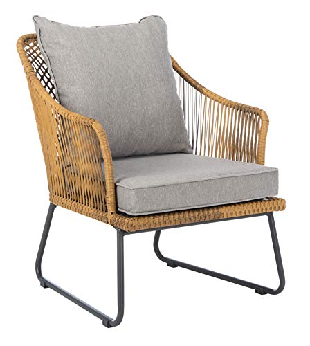 SAFAVIEH Outdoor Collection Jensen Natural Brown Rattan/Grey Seat Cushion 3-Piece Patio Lounge Bistro Set with Table (PAT9008A)