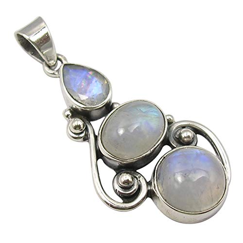 SilverStarJewel Natural Rainbow Moonstone tcw 8.0 Pendant 1.6" 925 Solid Silver