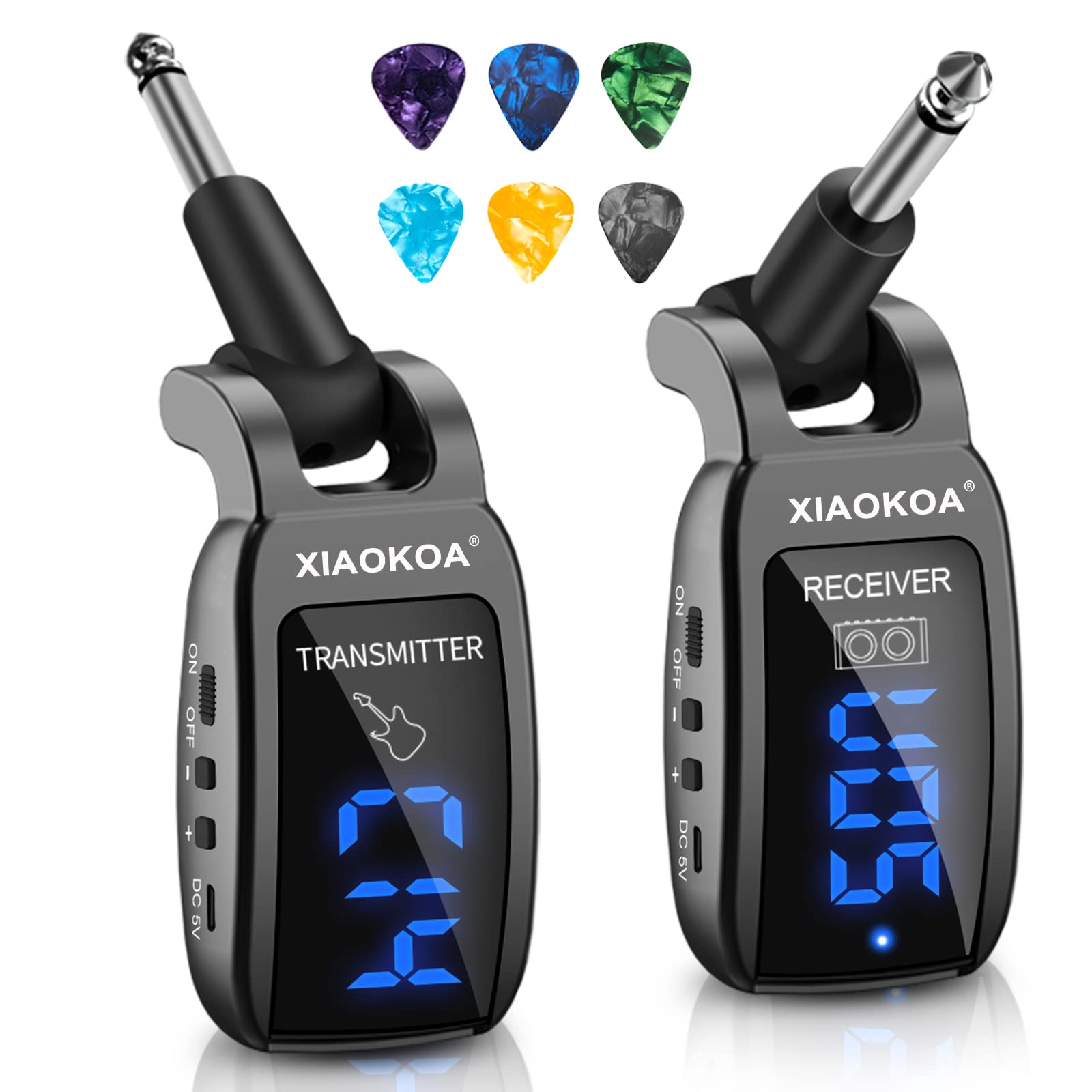 Wireless Guitar System,XIAOKOA UHF Wireless Guitar Transmitter Receiver 164Feet Range with HD LED Screen for Electric Guitar Bass Musical Instruments (Black)