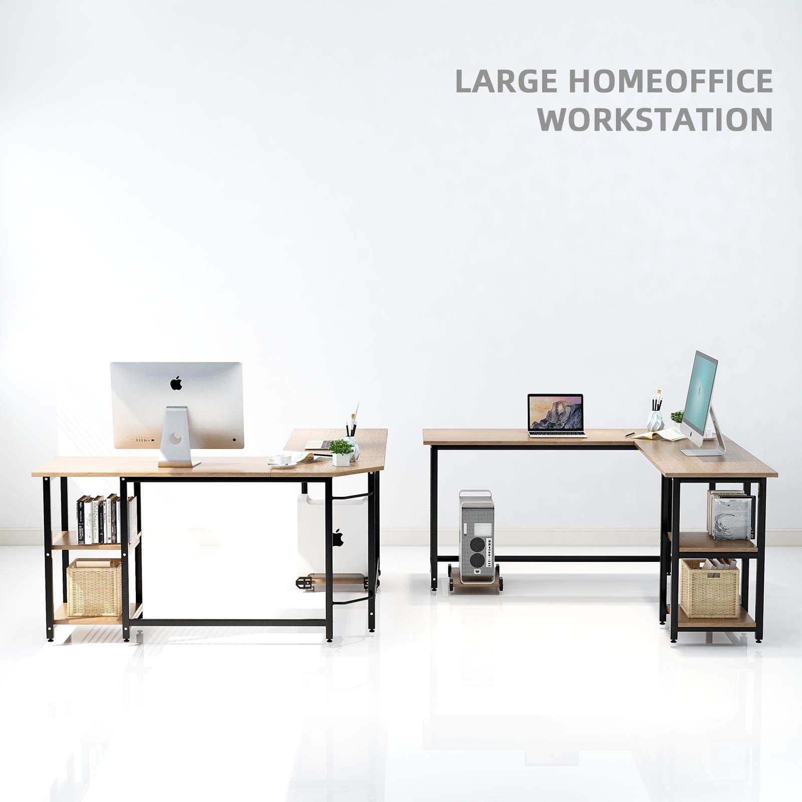Twomaples L-Shaped Desk with Storage Shelves - Computer Corner Desk for Small Space,Home Gaming Desk Study Writing Table with Bookshelves/CPU Stand Modern Steel Frame Wood Desk Home Office Workstation