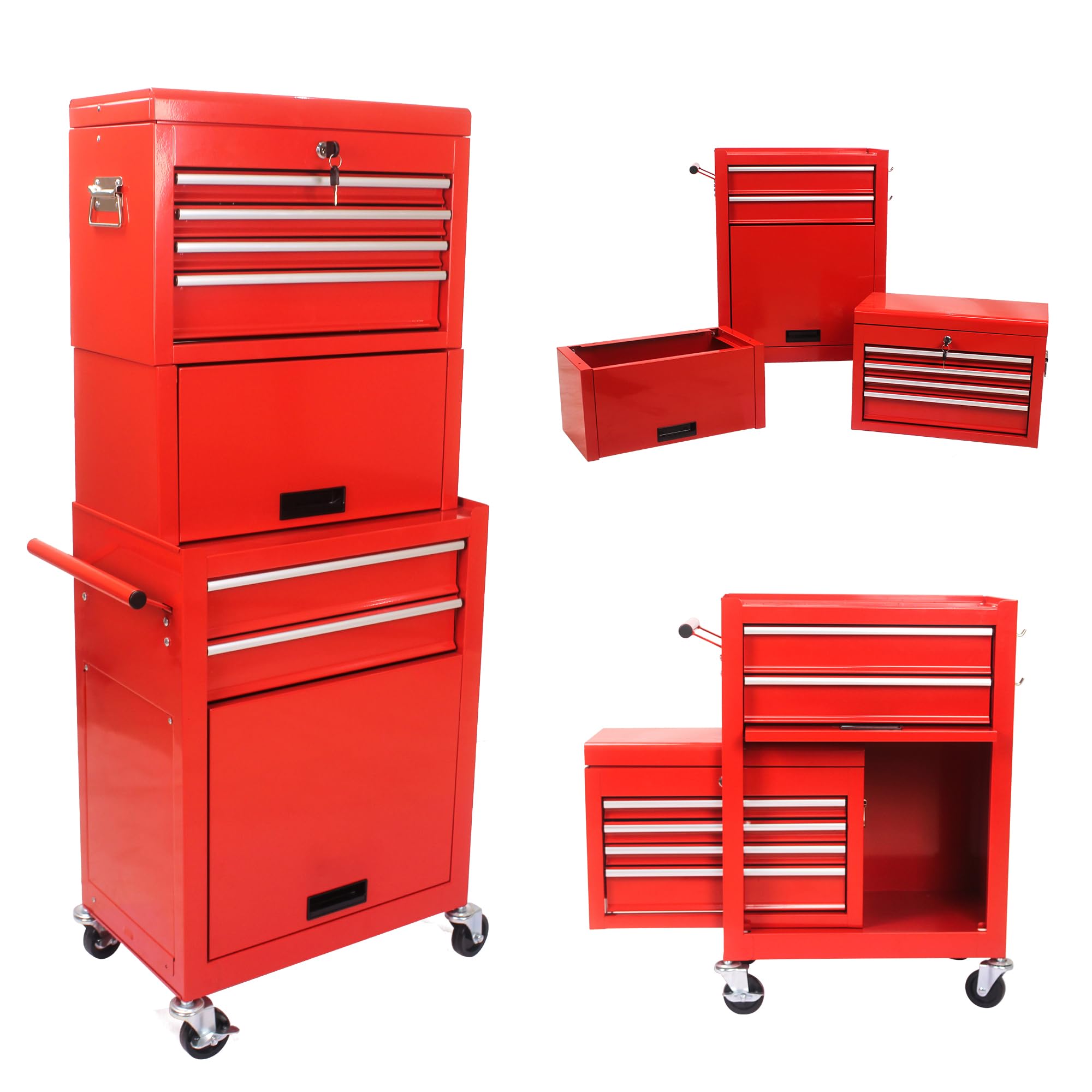 Rolling Tool Chest High Capacity Tool Storage 9 Drawers 3 in 1 Cabinets Mechanic Tool Cart with Auto Locking System Tool Box Organizer Lockable Wheels Detachable Top for Workshop (RED)