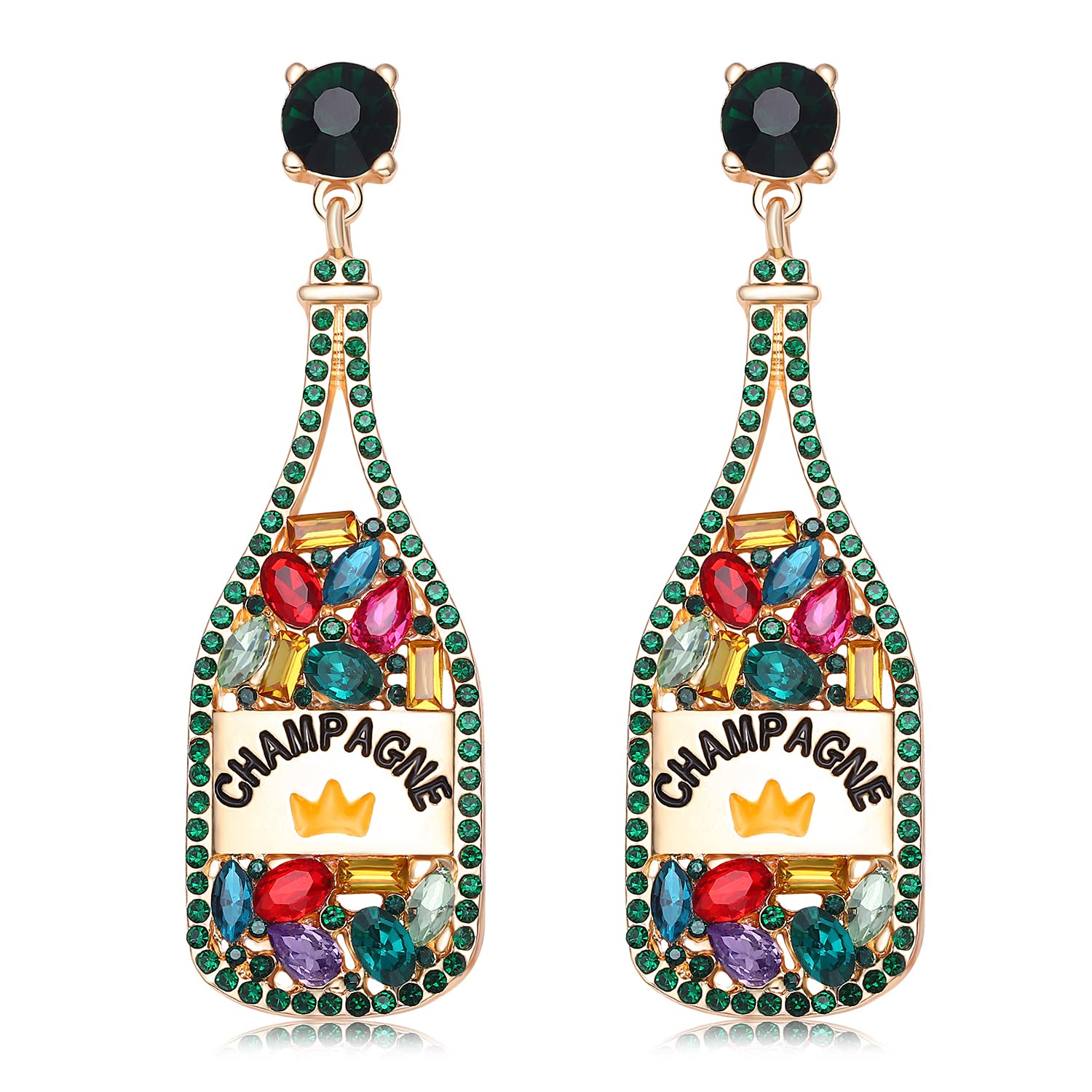 XOCARTIGE Champagne Bottle Earrings Rhinestone Crystal Beaded Champagne Drop Dangle Earrings for Women Wedding Holiday Festive Party Earrings Xmas New Year Gifts (Green)