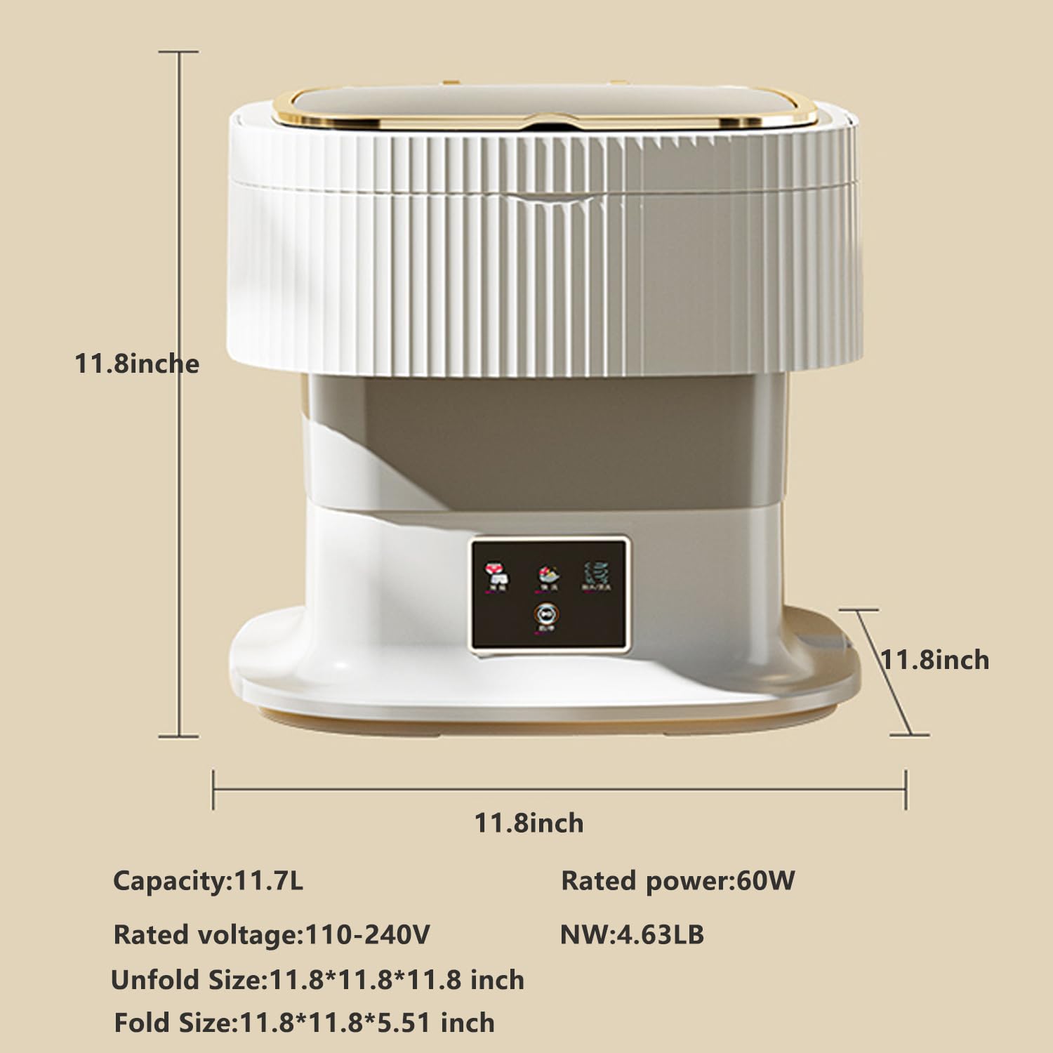 Portable Washing Machine With Drain Basket, 11L Mini Folding Washing Machine, Mini Portable Washer and Dryer for Apartments, Dorm, Camping, RV, Travel (White-PP)
