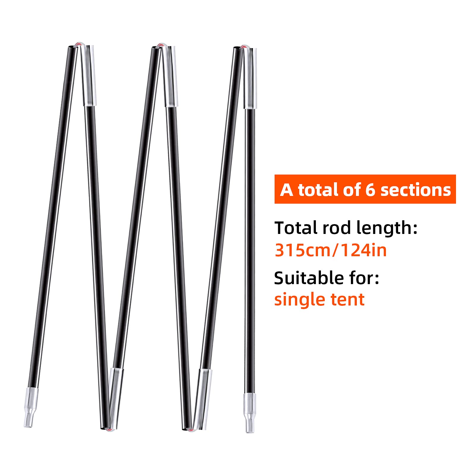 VideoPUP Tent Fiberglass Pole Kit Rod Replacement Tent Poles Accessories, Multifunction Lightweight Tent Pole Repair Kit,2 Sets 6 Sections,Fits 78×40in Single Tent, Pole Length 124"