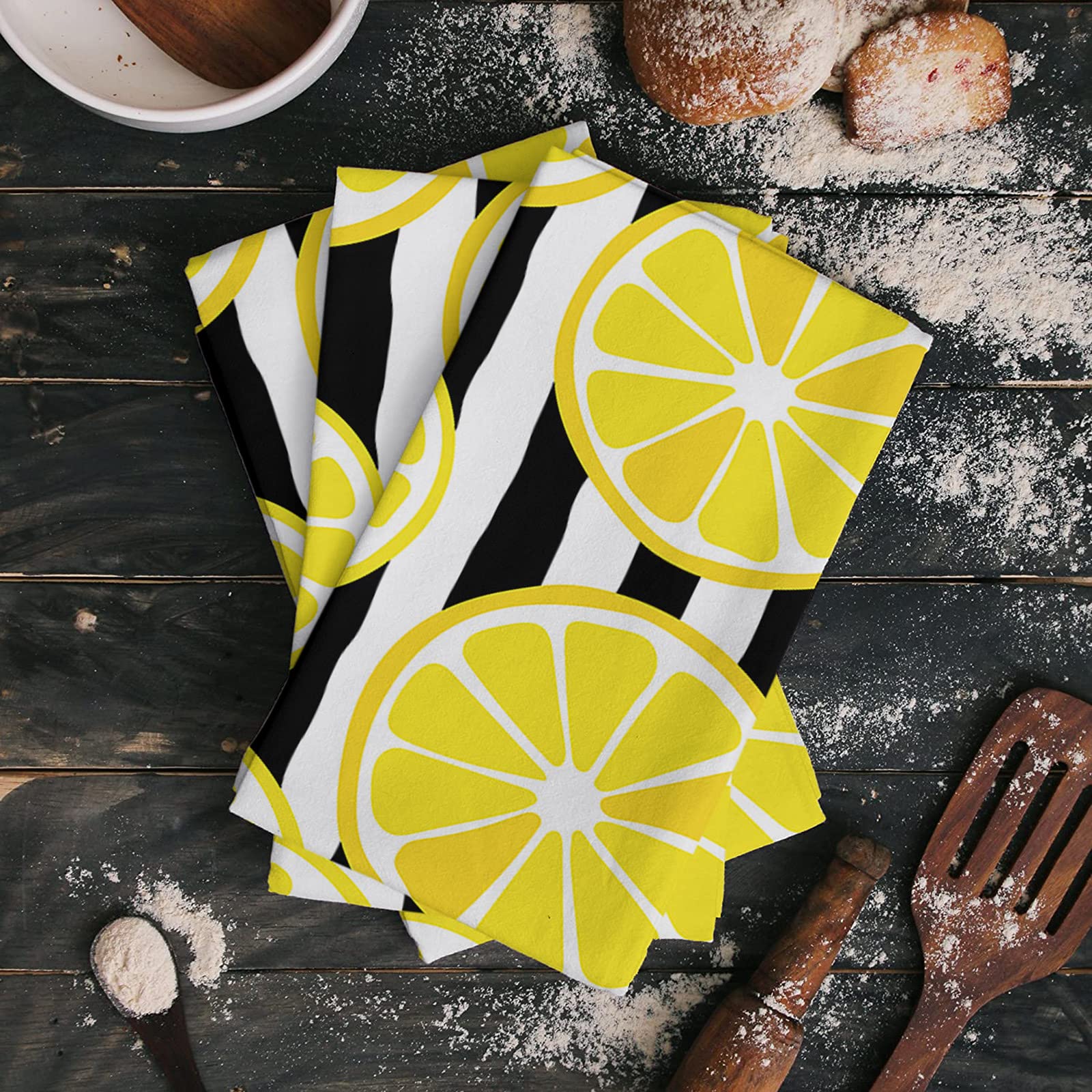 Zadaling Kitchen Towels,Yellow Summer Lemon Black White Stripe 16x28 Inches Soft Kitchen Dish Cloth,Cotton Tea Towels/Bar Towels/Hand Towels,(2 Pack)