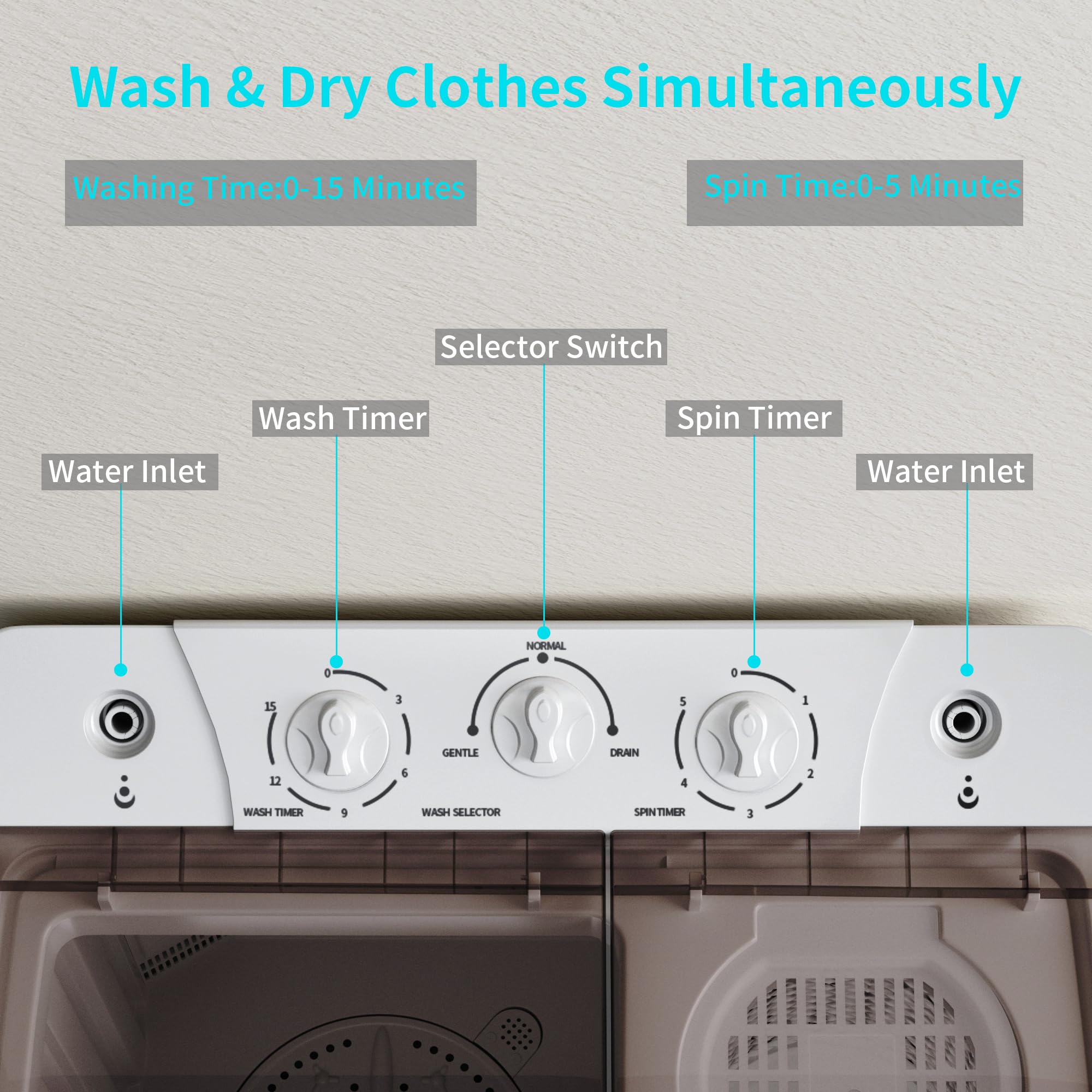 Portable Washing Machine, 2-in-1 Twin Tub 26 lbs Capacity Washer and Spinner with Control Knobs, Timer Function, Drain Pump, Compact Laundry washer for Home Apartment RV, Black