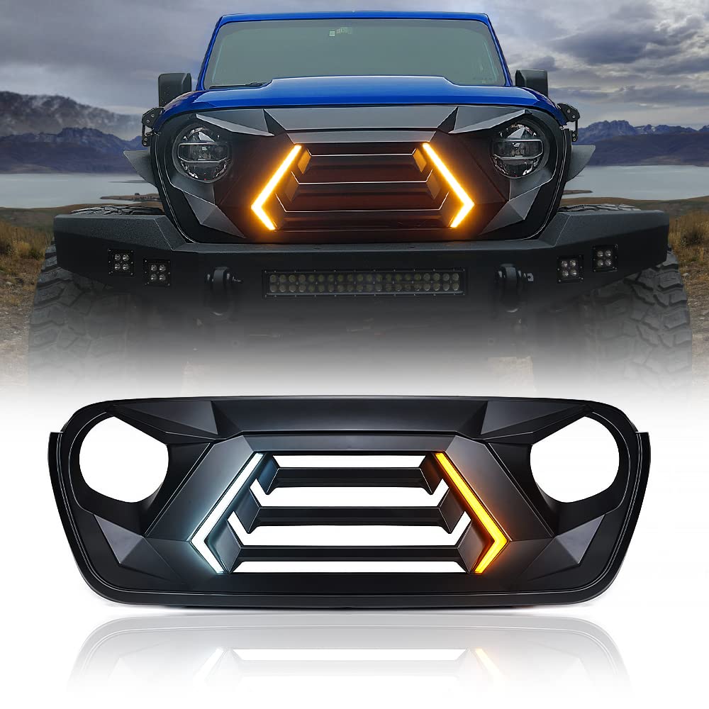 Xprite Front Grille with Turn Signals and Daytime Running Light, Matte Black Grille Compatible with 2018-2024 Jeep Wrangler JL JLU & 2020+ Gladiator JT