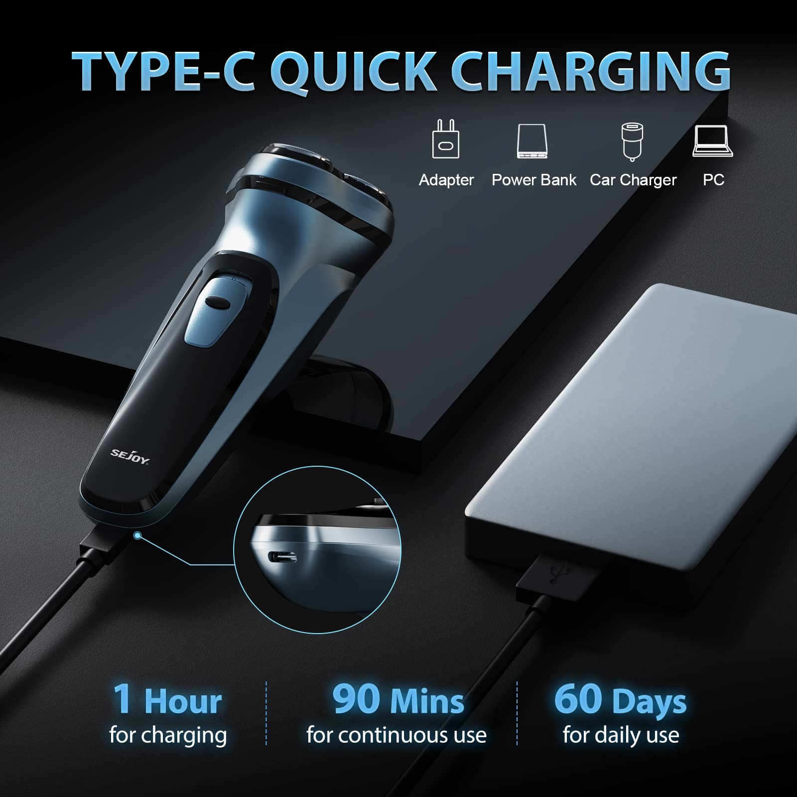 Sejoy Electric Razor for Men, Mens Electric Shavers, Rechargeable Electric Razor Shaving Machines, with Pop-up Trimmer, 1 Hour Fast Charging, 3D Floating Head, LCD Power Indicator
