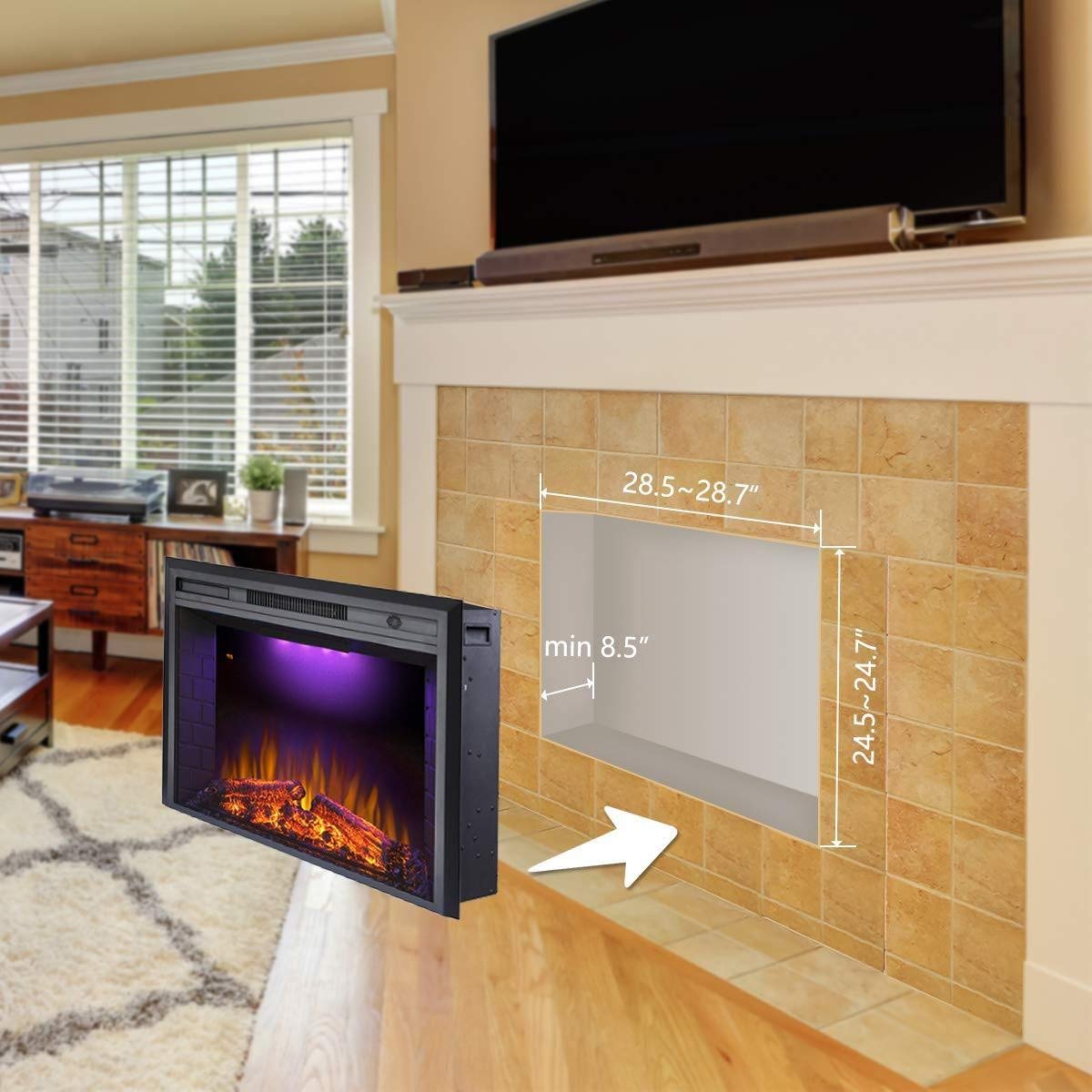 ROLTIN Electric Fireplace Heater Dimplex Electric Fires Led Fireplace Insert Multi Colour Side LED Lights with Timer Wall Recessed Mounted 77.5 * 63.2 * 23CM