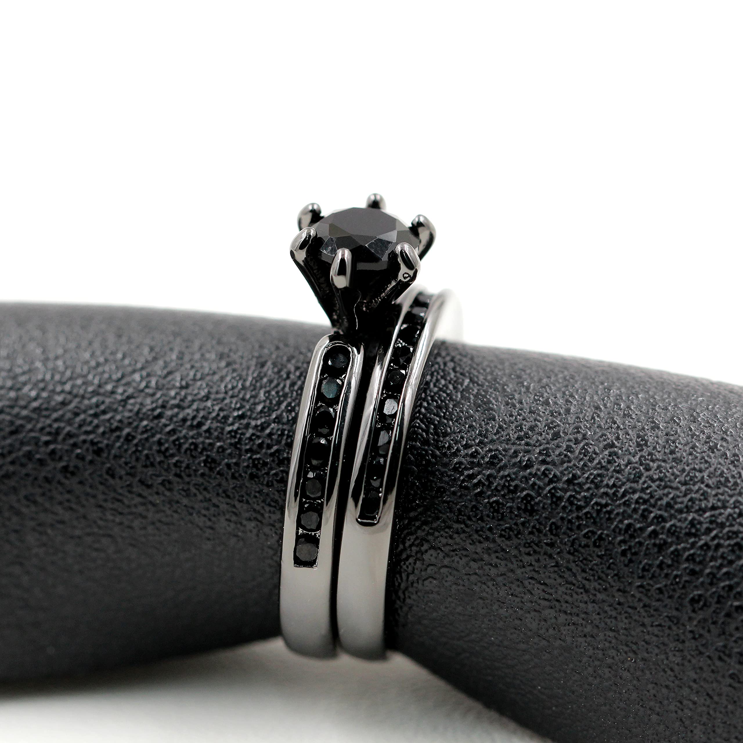 Womens Black Wedding Rings Set Round CZ Stone Vintage 2pcs Engagement Ring Bridal Set Channel-Setting (size 7)