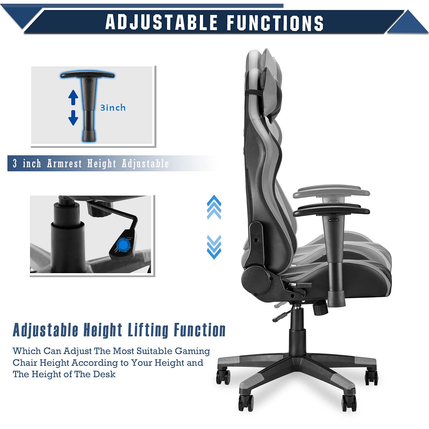 Soontrans Reclining Home Office Chair,Ergonomic Computer Chair,Executive Swivel Task Chair,Racing Gaming Chair with Adjustable Recliner Armrest Headrest and Lumbar Pillow Support (Gray)