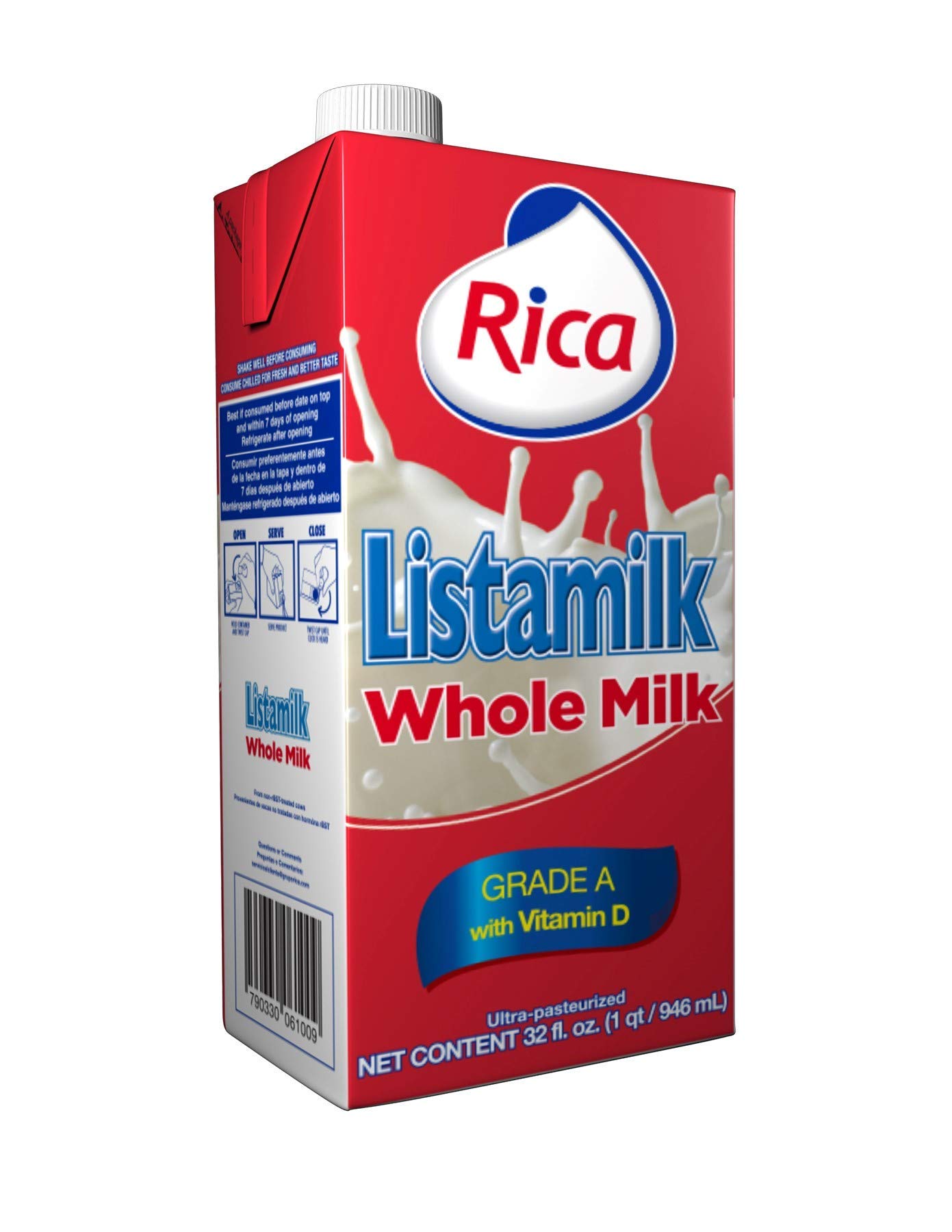 RICA Listamilk Whole Milk 32 Oz Boxed | 1 quart | Long Life Shelf Stable | Vitamin d | Non refrigerated | UHT Ultra pasteurized | Fresh taste | Pack of 6 |