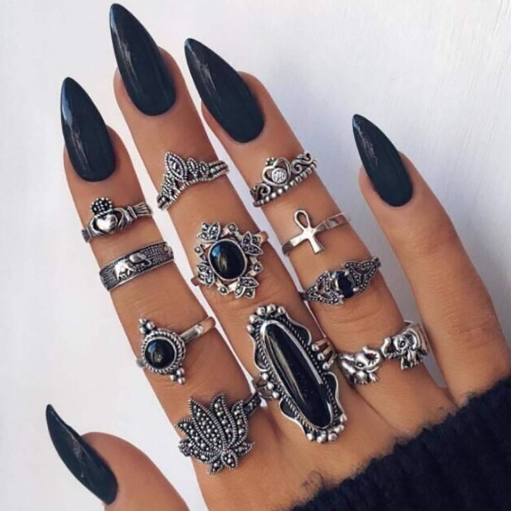 Woeoe Silver Stackable Rings Black Gemstone Knuckle Midi Ring Sets Vintage Rhinestone Joint Nail Ring Set for Women and Girls(11PCS)