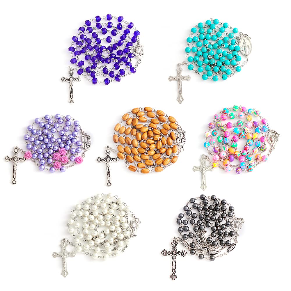 YWLI 7 PCS Rosary Beads Catholic for Woman - Confirmation Gifts for Teenage Girl, 7 Day Rosary, Various Styles of Rosary Necklace Set, Cross Rosary Necklace for Women
