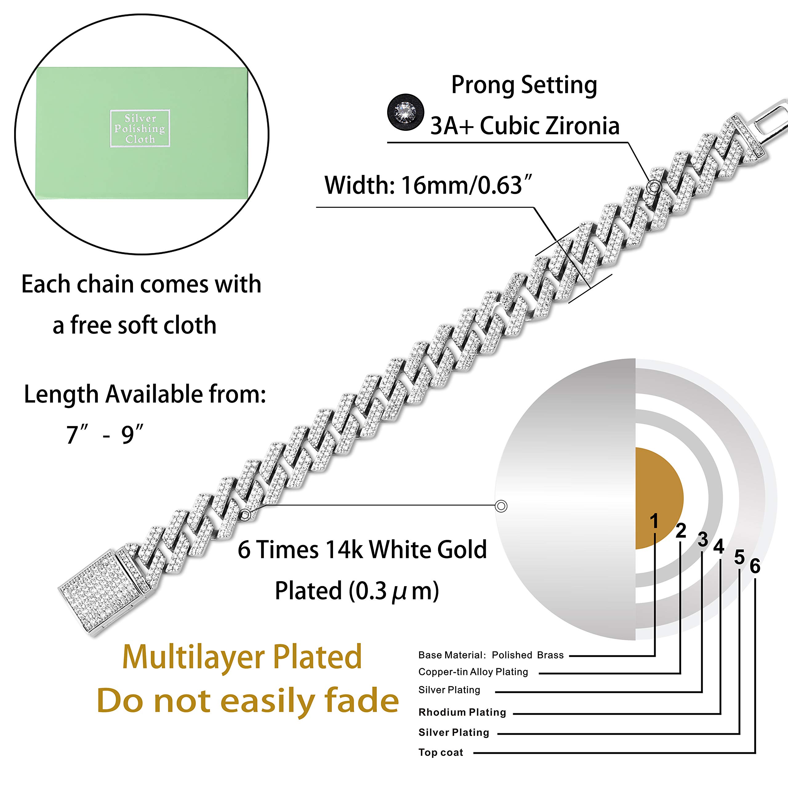 TOPGRILLZ 14mm 6 Times 14K Gold Plated Iced out Lab Diamond Miami Cuban Link Bracelet for Men with Box Clasp Hip Hop (7, rhodium-plated)