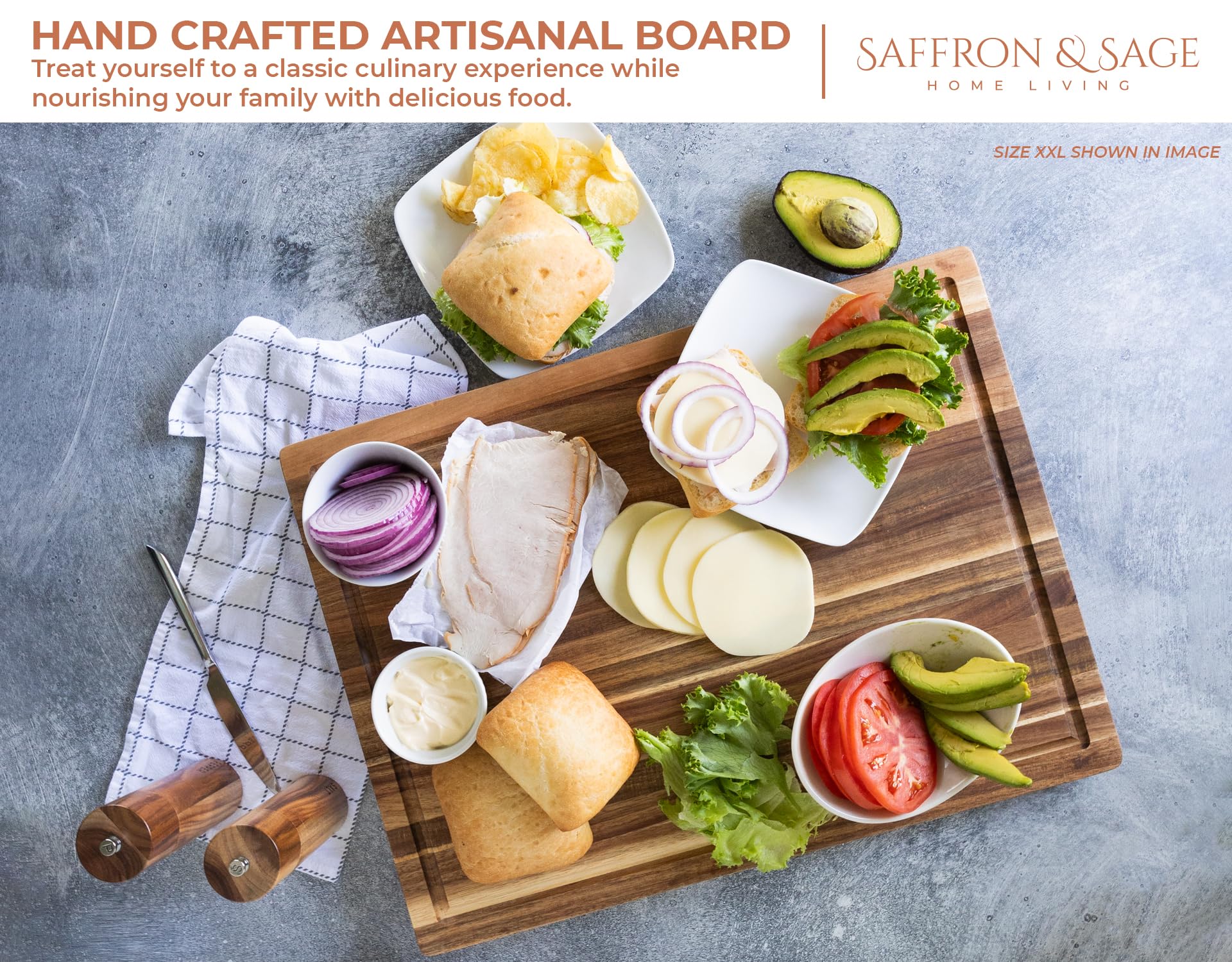Saffron & Sage Extra Large Wood Cutting Board - Thick 23 x 17 x 1.5 Inch Acacia Wooden Cutting Boards for Kitchen use with Deep Juice Groove, Reversible Chopping Board Doubles as a Charcuterie Board