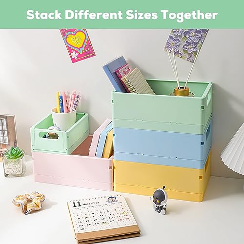 TRZZ 4-Pack Mini Storage Crates Organizer, Collapsible Plastic Storage Basket with Space-Saving Design, Stackable Cute Bin for Office & Home Bedroom, Bathroom and Kitchen Storage Decor. (6.5"4.8"2.9")