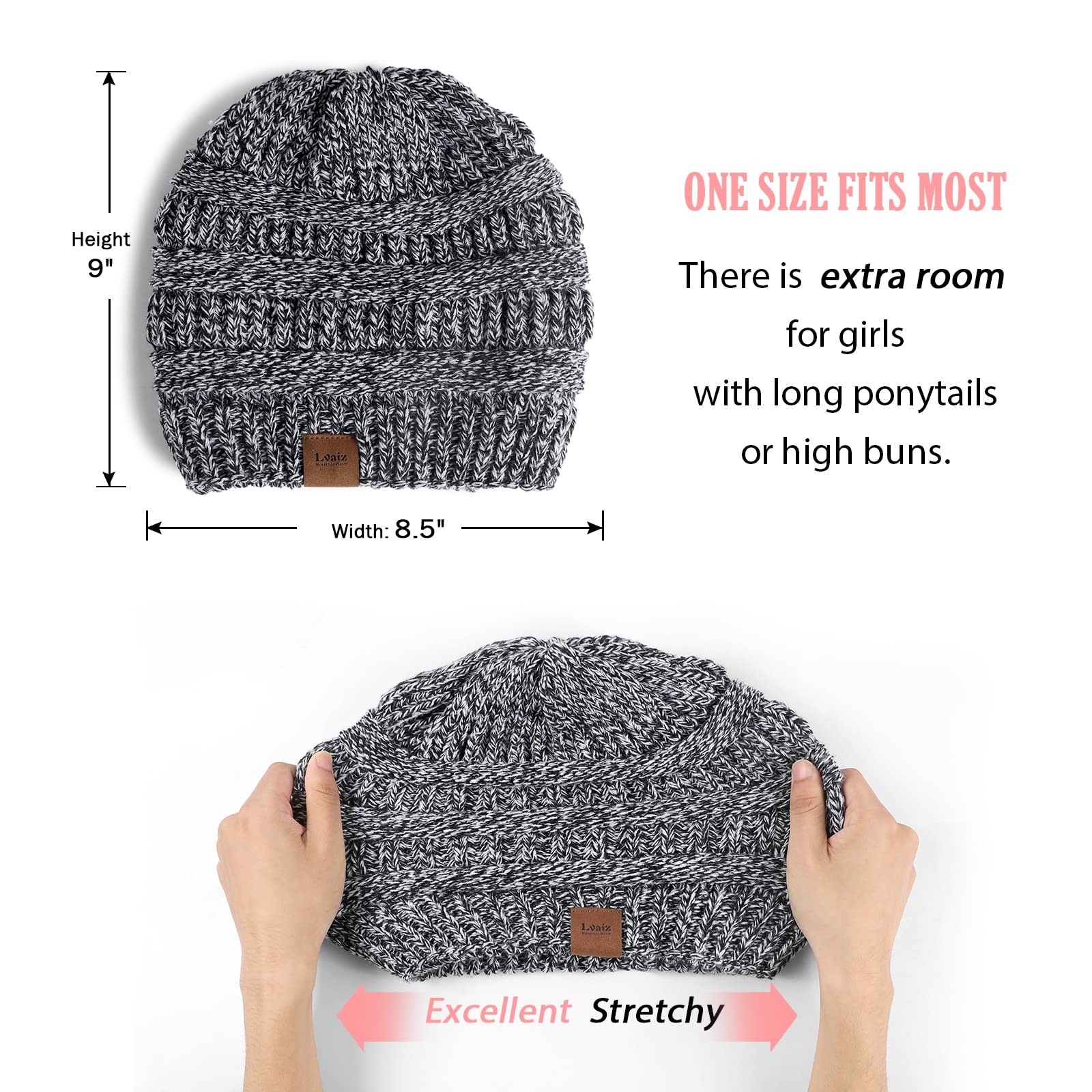 Womens Satin Lined Winter Cable Knit Beanie for Men Silk Lining Thick Chunky Cap Soft Slouchy Warm Hat (Mix Black)