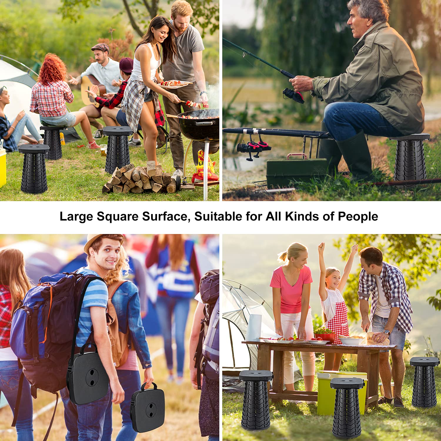 Tiovo Folding Camping Stool, Square Collapsible Portable Stool with Seat Cushion & Nylon Bag, Sturdy Lightweight Telescoping Foldable Stool for Adults Camp, Max Load 550lb (Black)