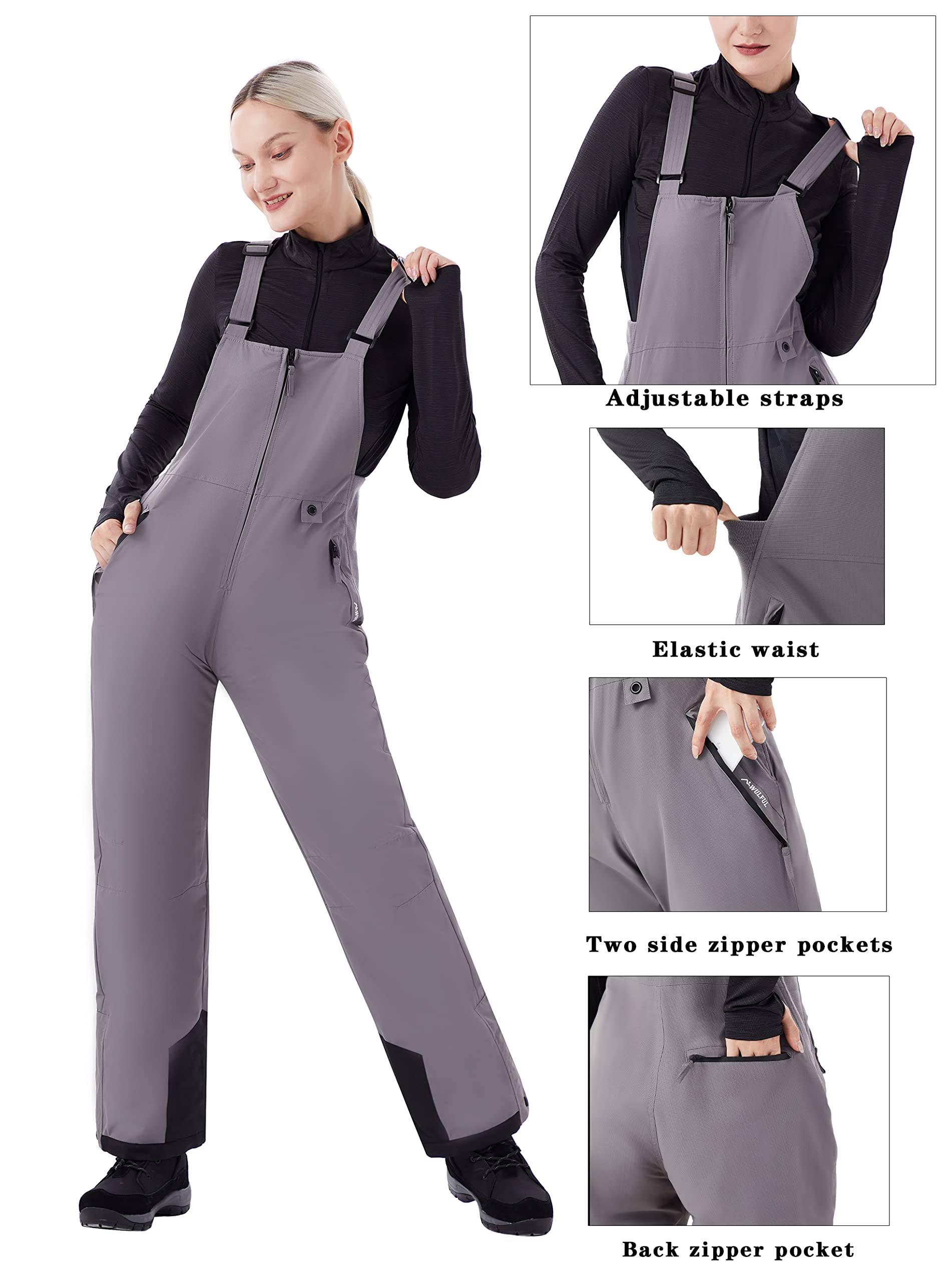WULFUL Womens Insulated Snow Bibs Waterproof Winter Ski Pants Snowboarding Overalls Dark Grey
