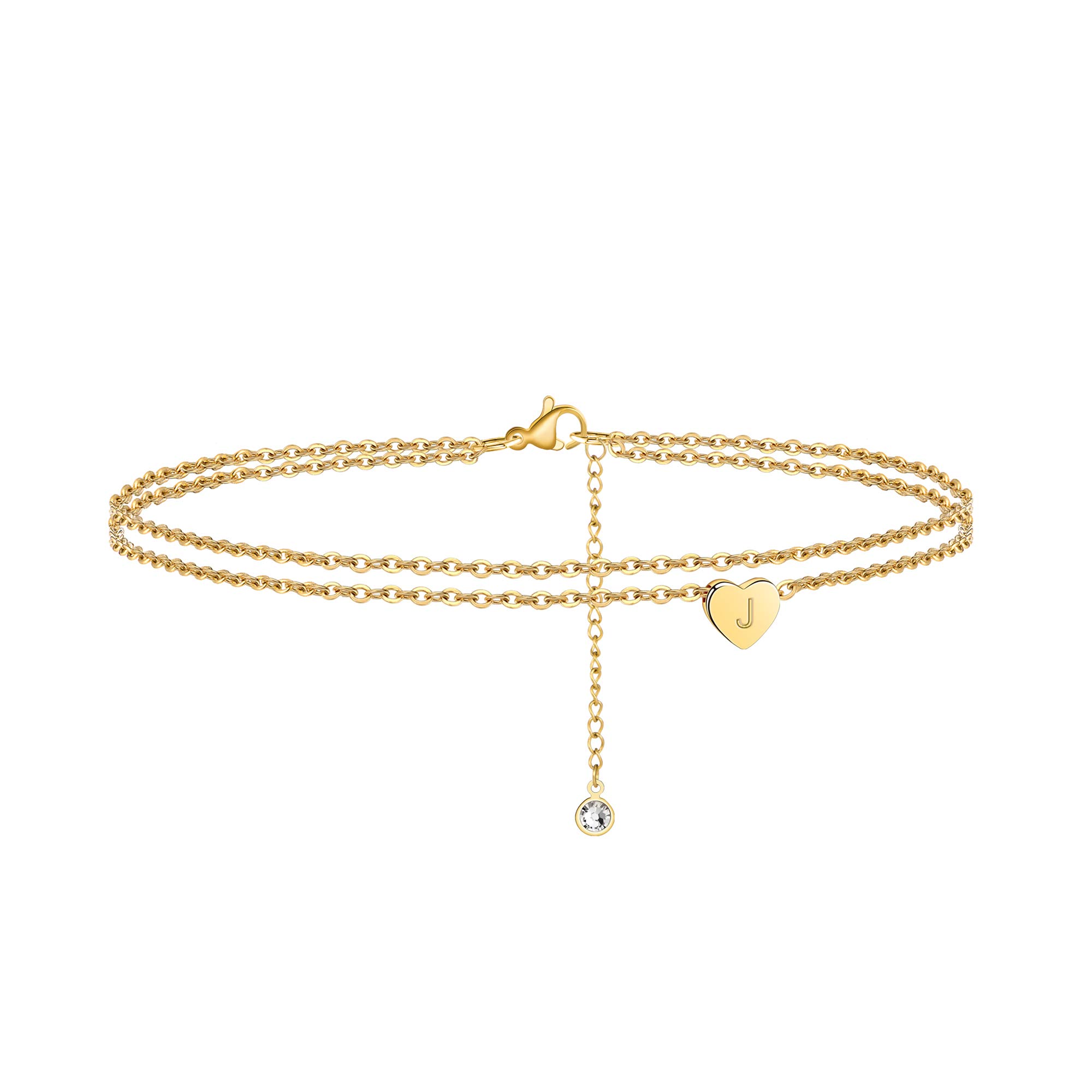 Ursteel Initial Ankle Bracelets for Women, 14K Gold Plated Ankle Bracelet with Initial J Dainty Layered Heart Gold Anklets for Women