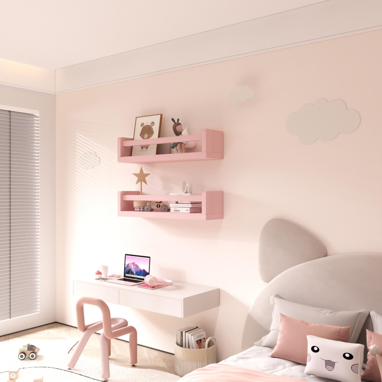 SAUMONIERES Nursery Book Shelves Solid Wood Floating Bookshelves for Wall Mounted Bookshelf for Kids Room, Pink, Set of 2
